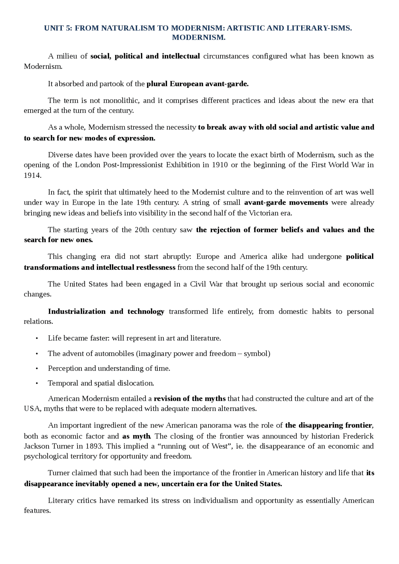 UNIT 5: FROM NATURALISM TO MODERNISM: ARTISTIC AND LITERA - Apuntes de ...