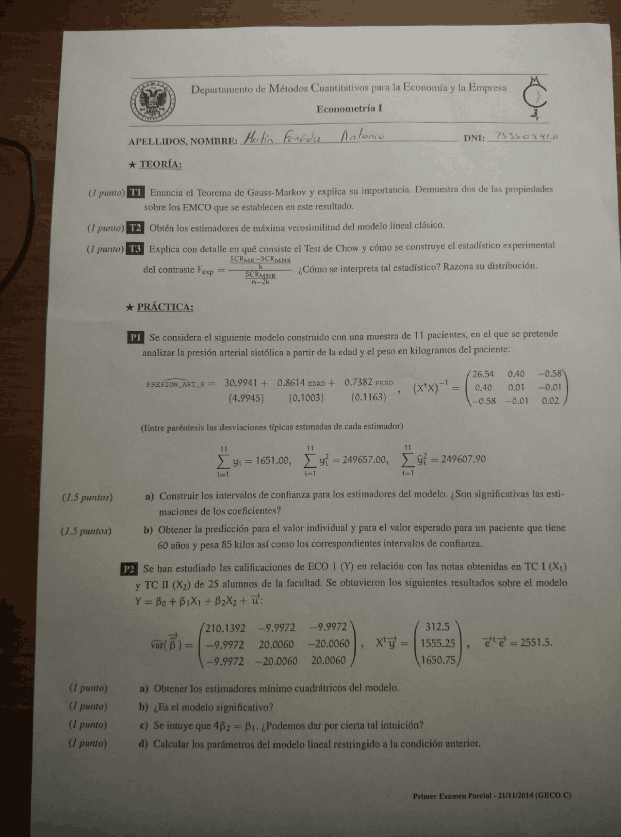 Examen parcial - Exámenes de Econometría - Docsity