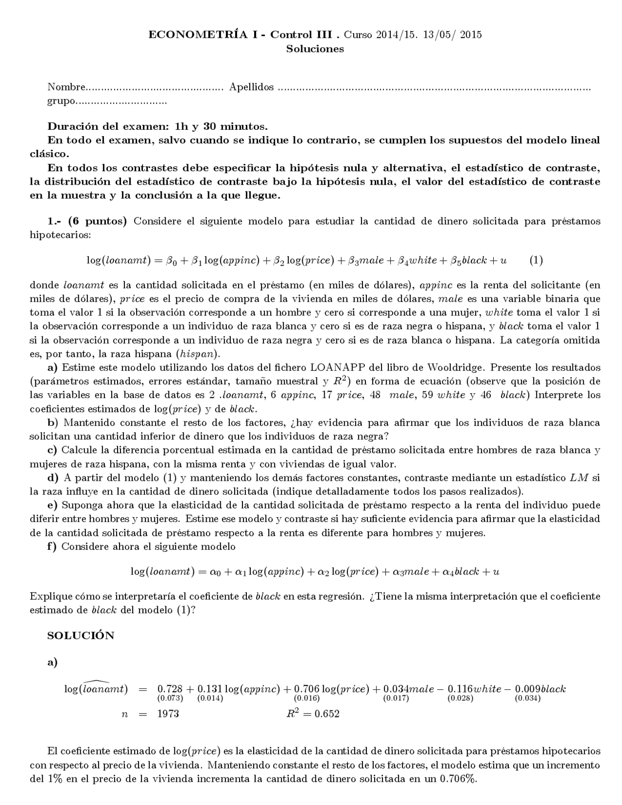 Econometría 05 2016 - Exámenes de Econometría - Docsity