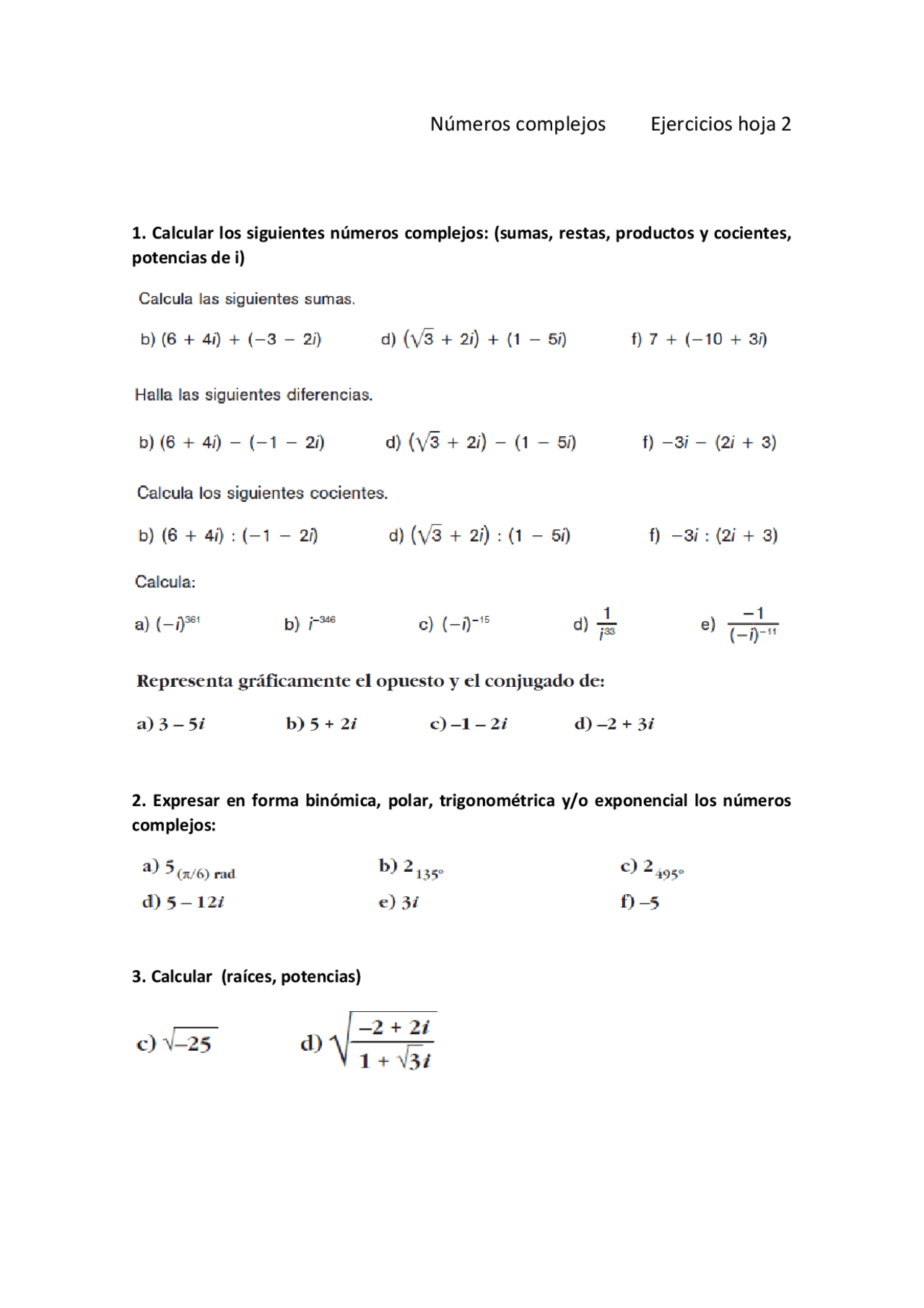 Ejercicios números complejos - Ejercicios de Matemáticas - Docsity