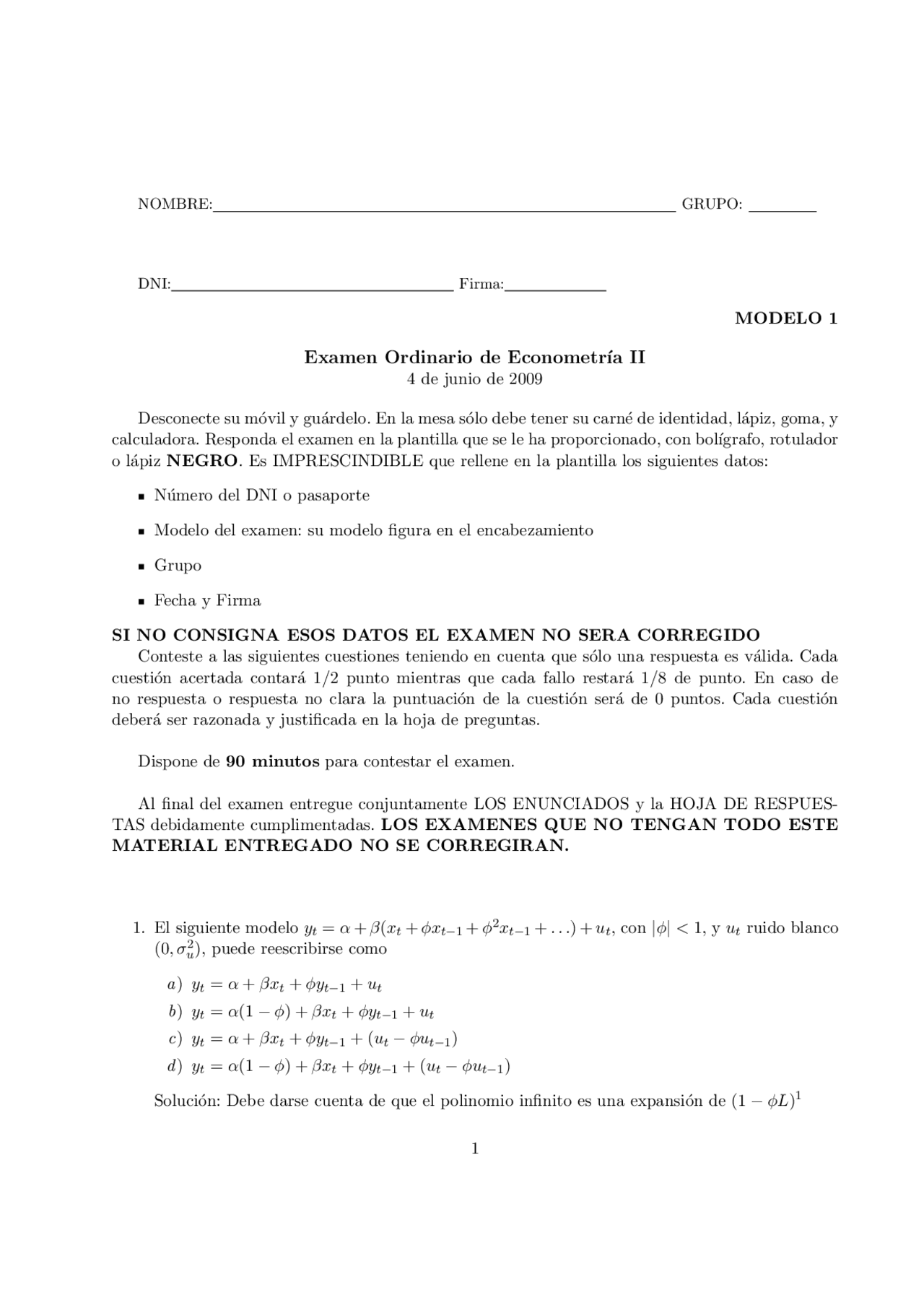 examen junio 2009 - Exámenes de Econometría | Docsity