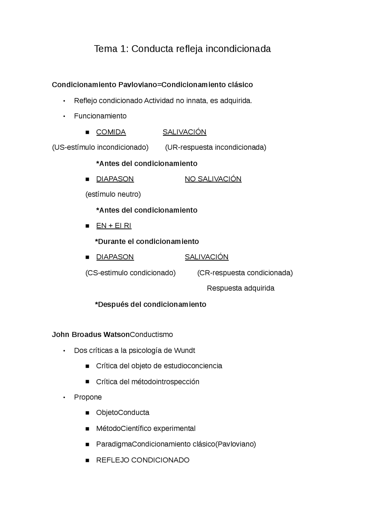 T1- Conducta refleja incondicionada - Apuntes de Psicología - Docsity