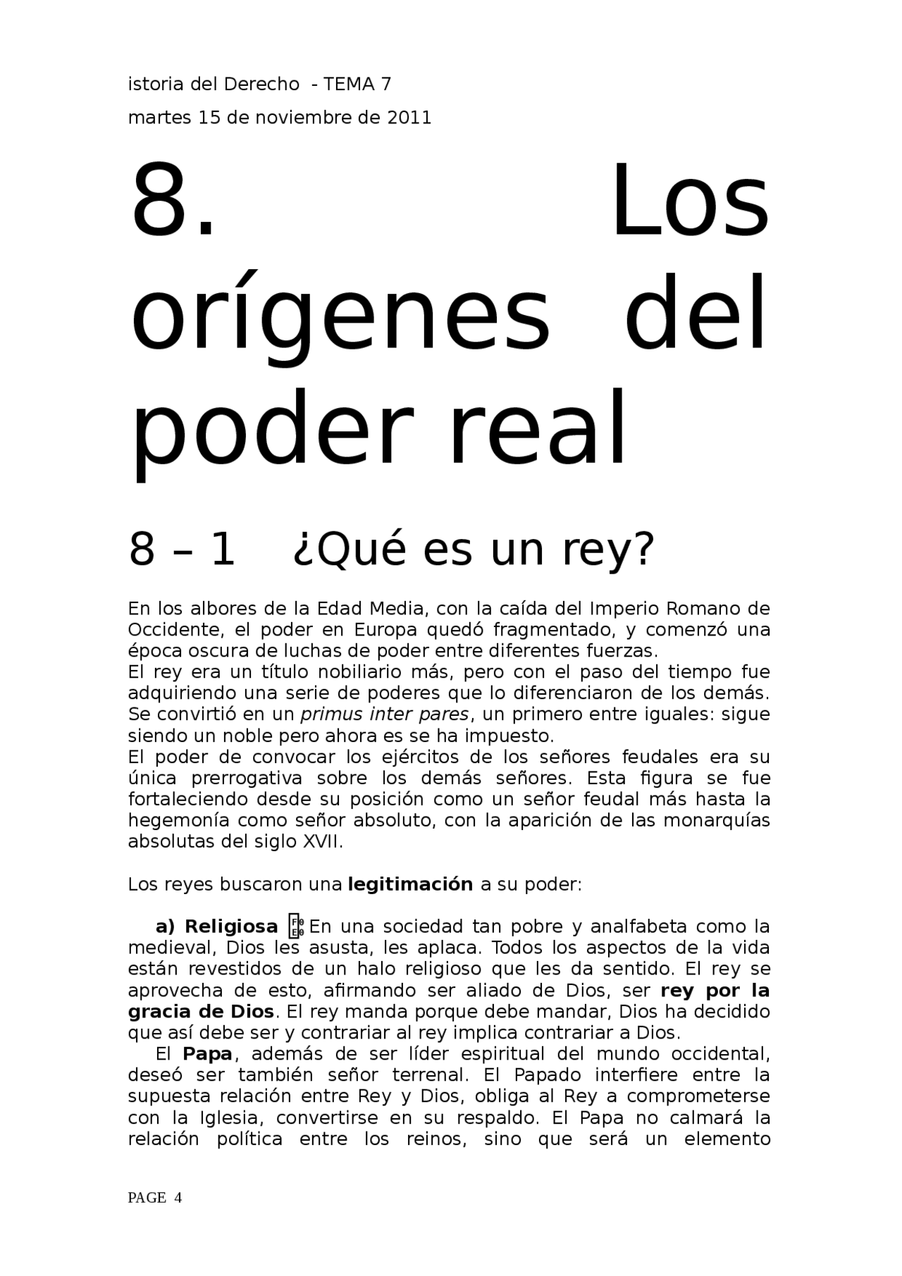 Los orígenes del poder real - Apuntes de Historia del Derecho - Docsity