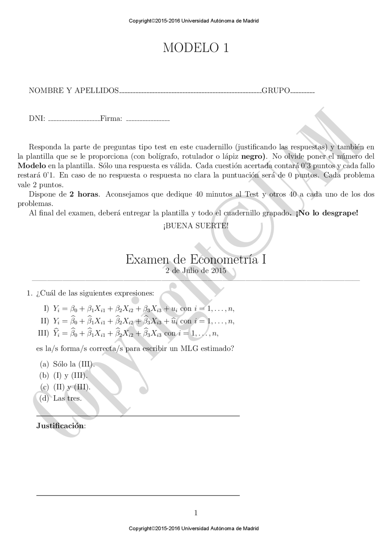 examen econometria julio - Exámenes de Econometría | Docsity