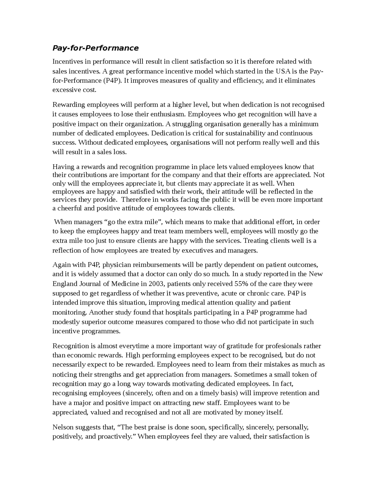 Pay for performance (P4P) - Apuntes de Administración de Empresas | Docsity