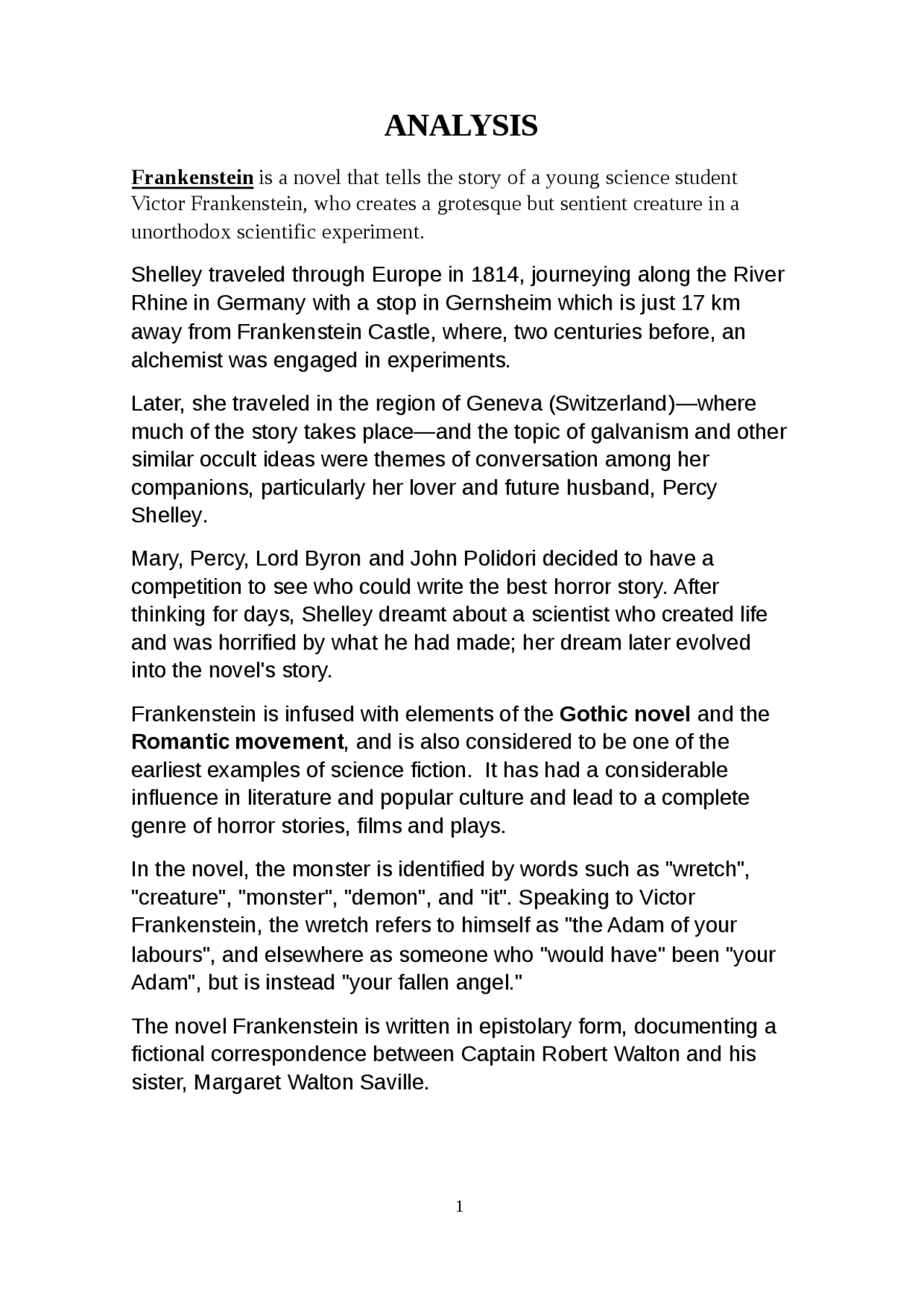 Frankenstein Analysis - Apuntes de Idioma Inglés - Docsity