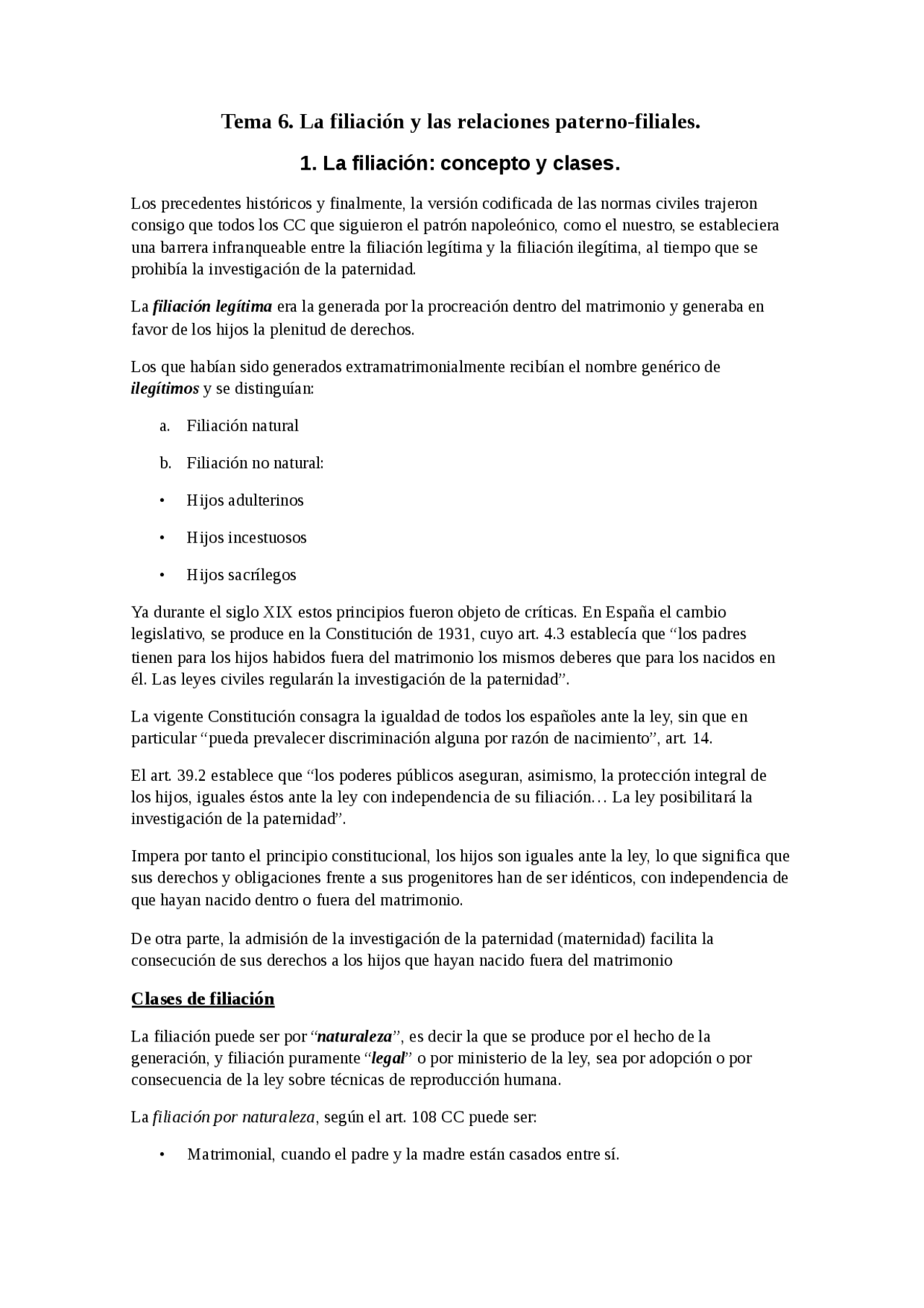 Tema 6. La filiación y las relaciones paterno-filiales - Apuntes de ...