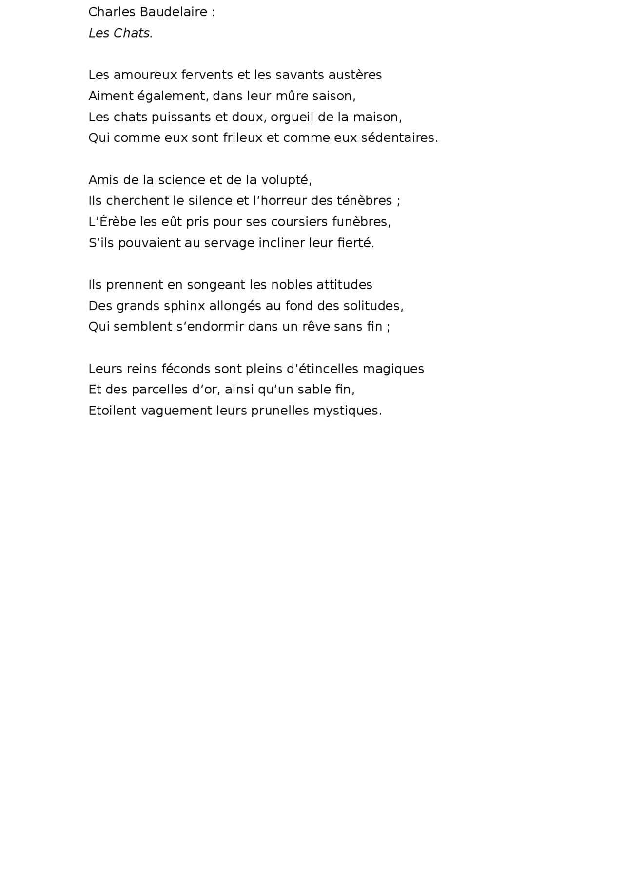 Charles Baudelaire Les Chats Les amoureux fervents et les savants ...