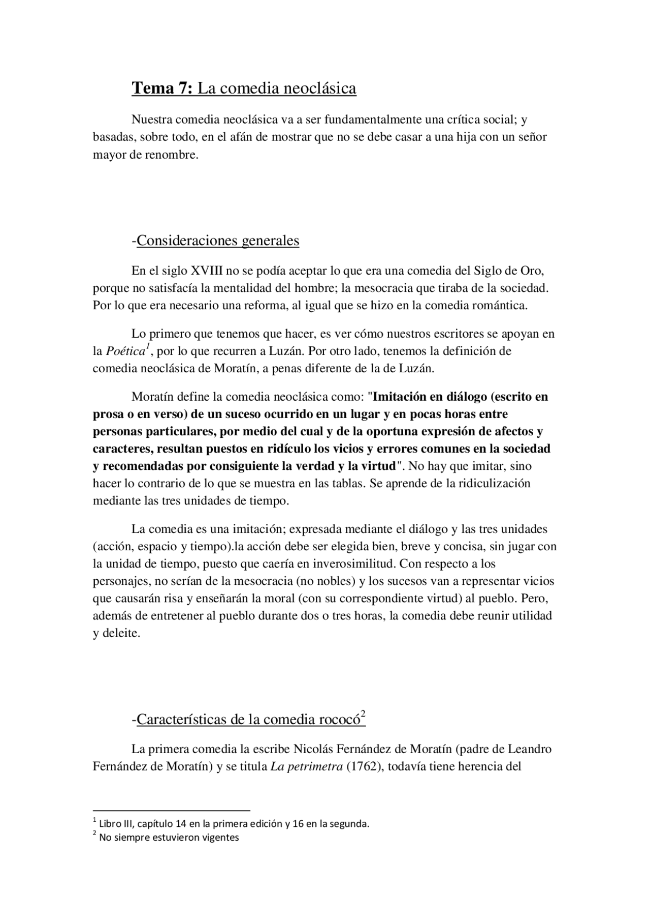 La comedia neoclásica - Apuntes de Filología hispánica - Docsity