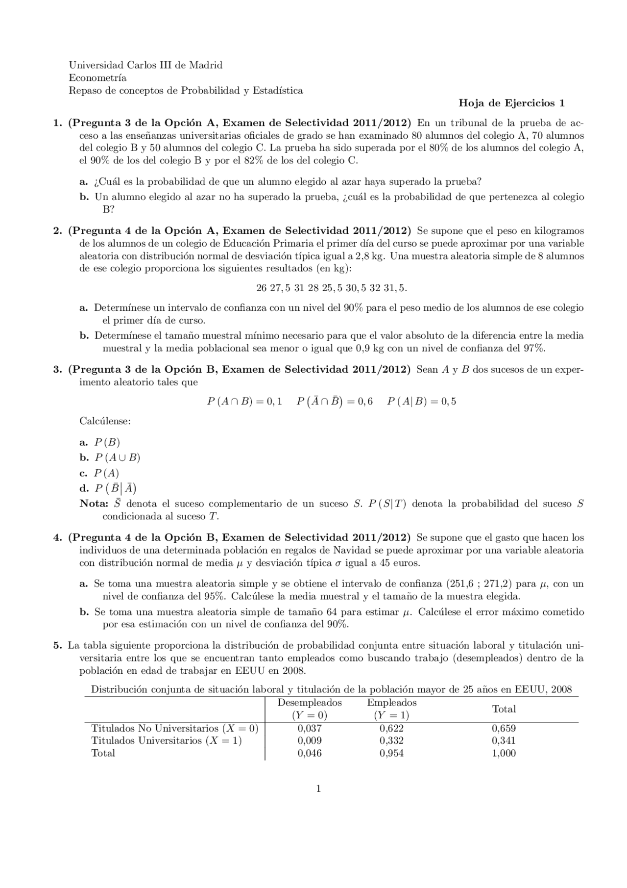Econometria Hoja de ejercicio 1 sin hacer - Ejercicios de Econometría - Docsity