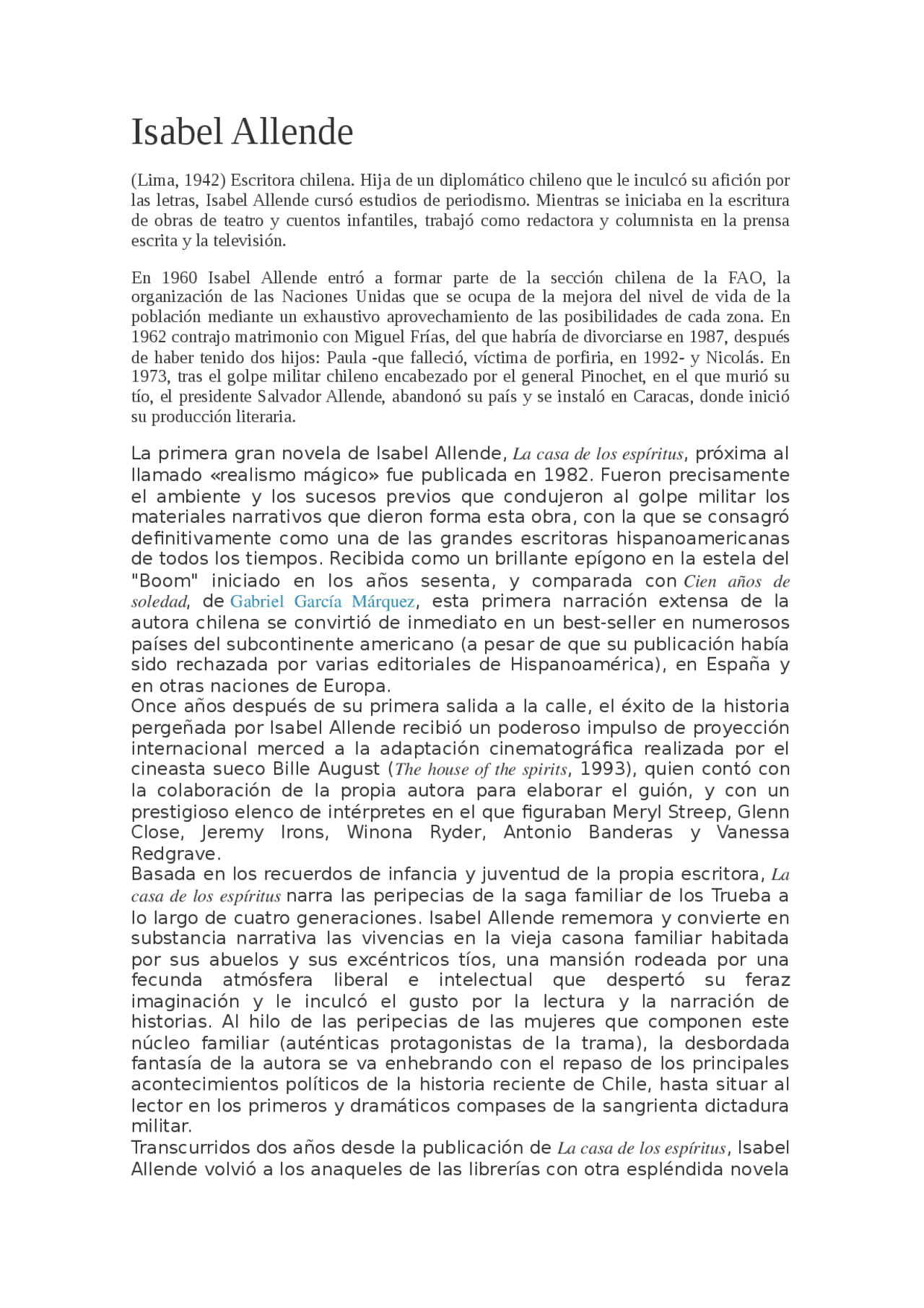 ISABEL ALLENDE - Apuntes de Idiomas - Docsity