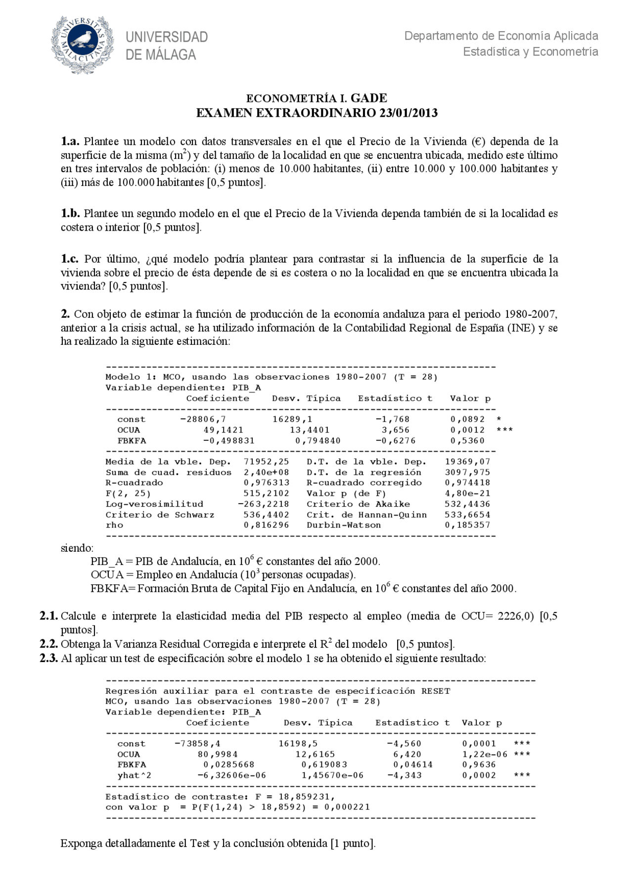 Examen econometria - Exámenes de Econometría - Docsity
