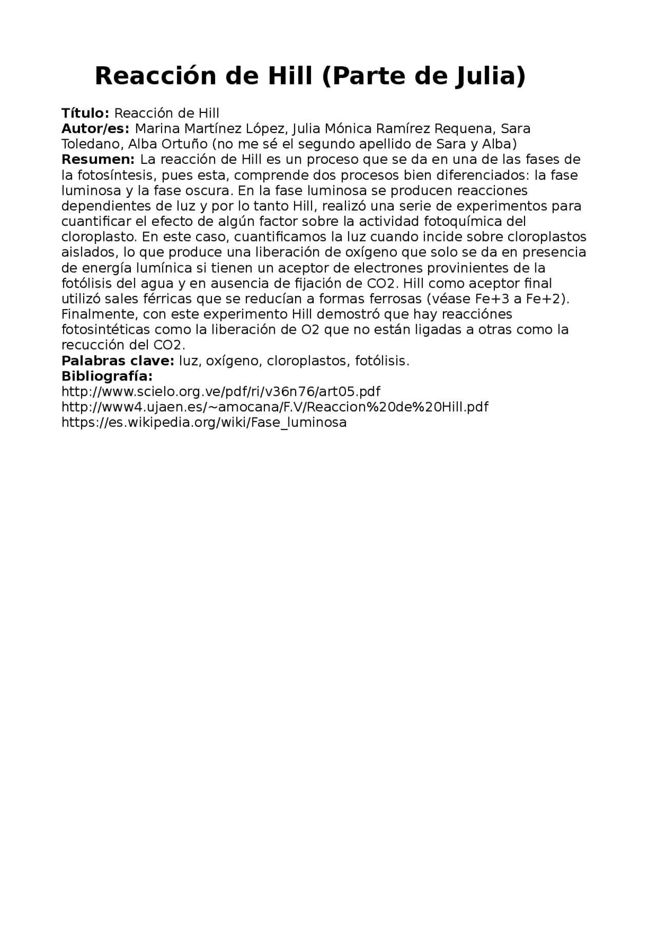 Reaccion de hill - Apuntes de Biología Celular | Docsity
