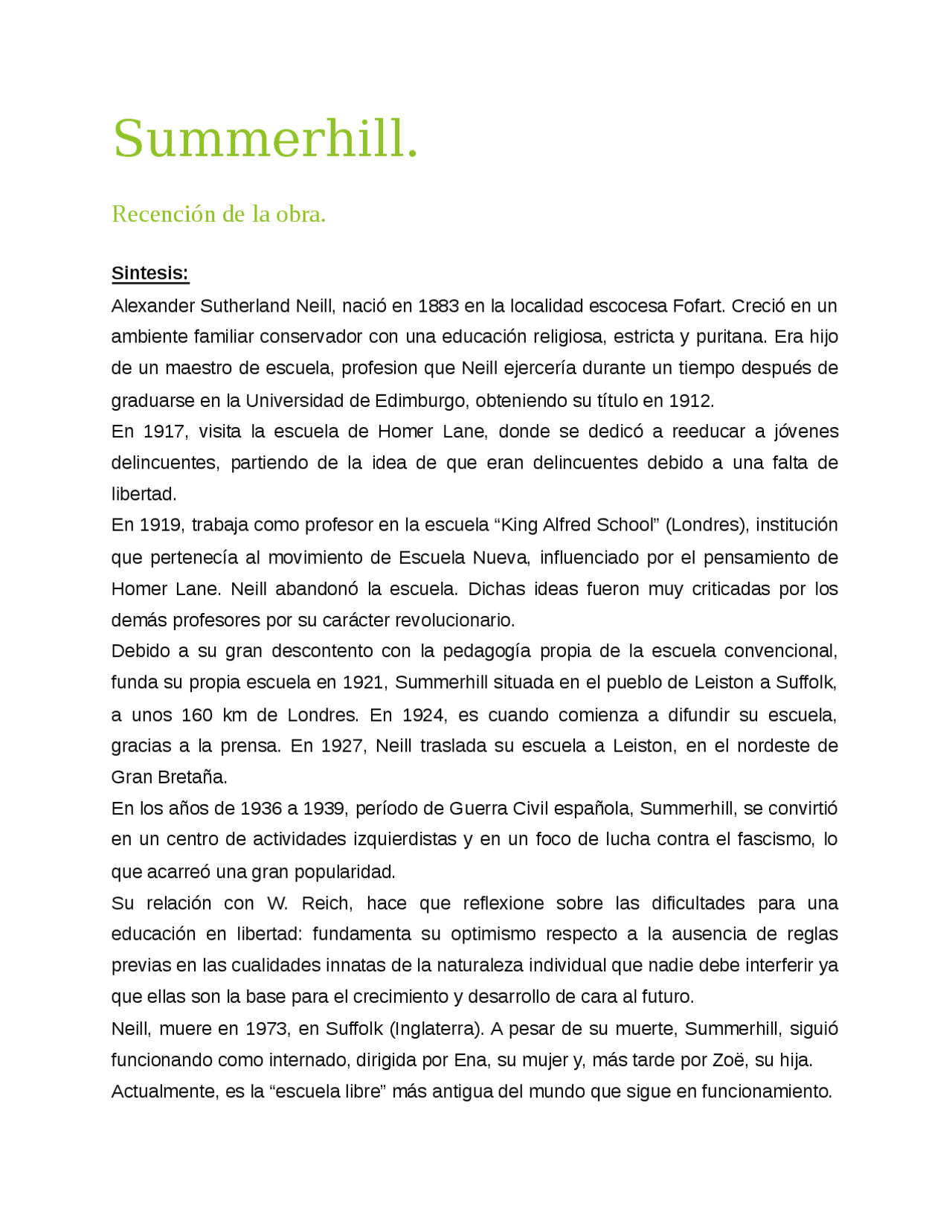 Summerhill Recención de la obra - Apuntes de Pedagogía - Docsity