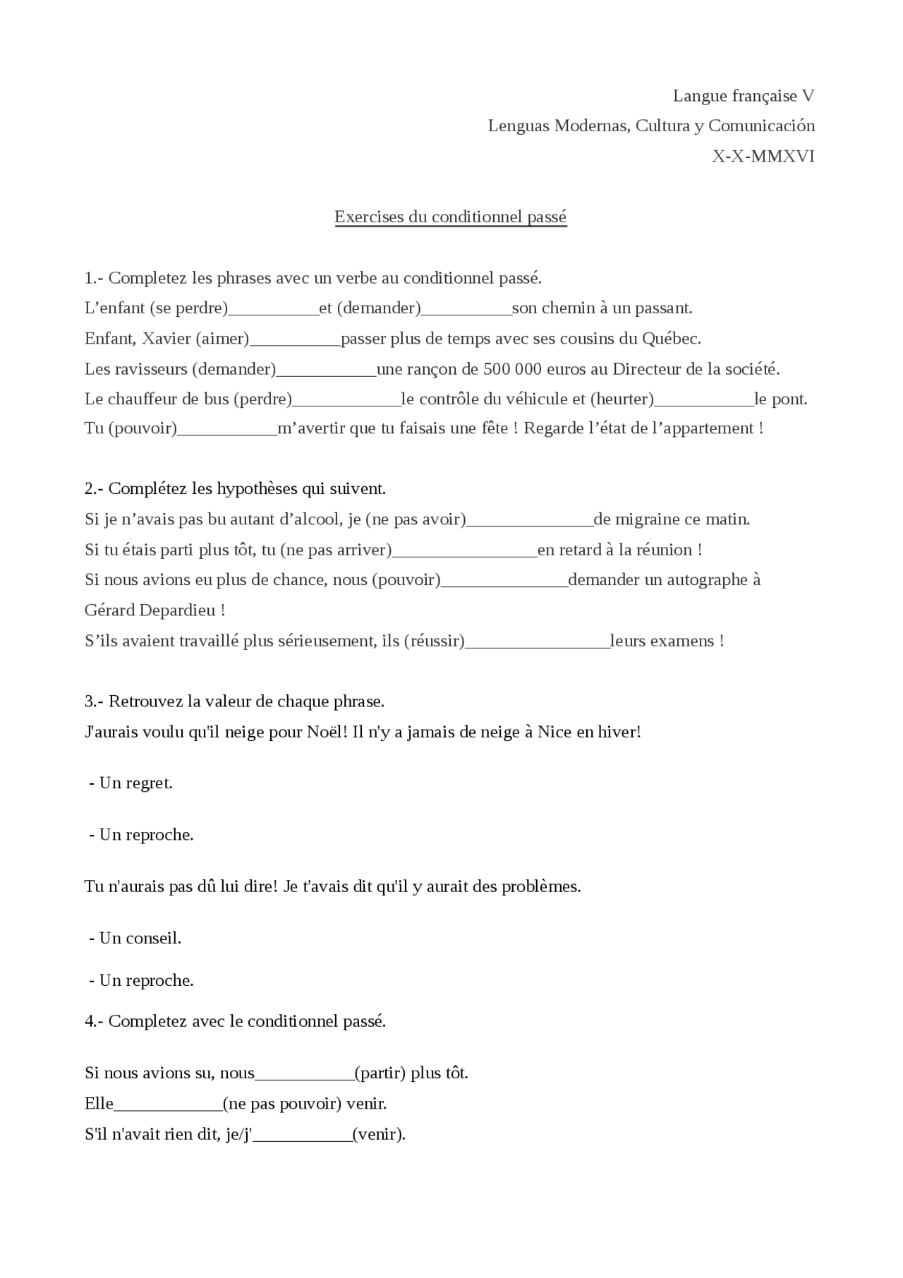 Ejercicios conditionnel passé - Ejercicios de Idiomas | Docsity