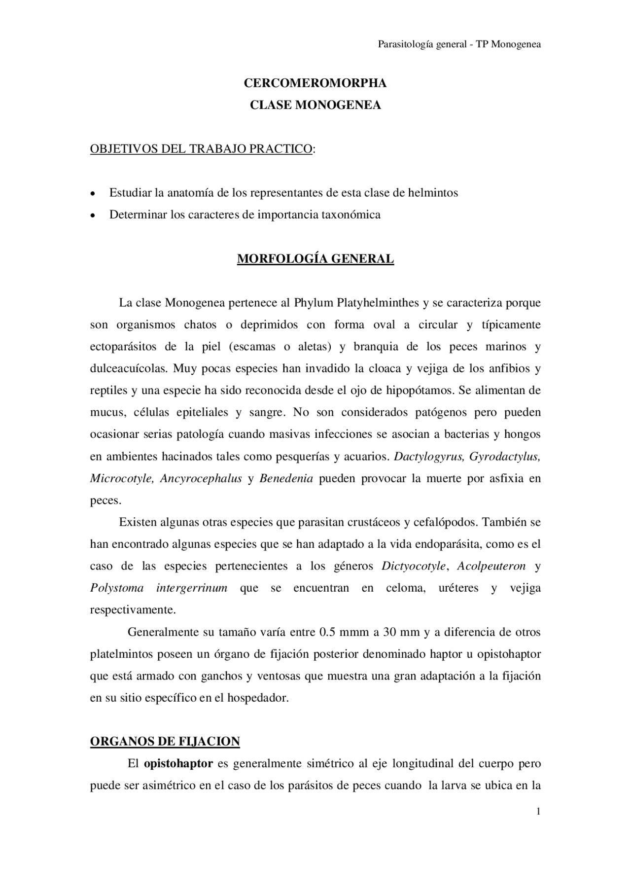 CERCOMEROMORPHA CLASE MONOGENEA OBJETIVOS DEL TRABAJO PRACTICO Estudiar ...