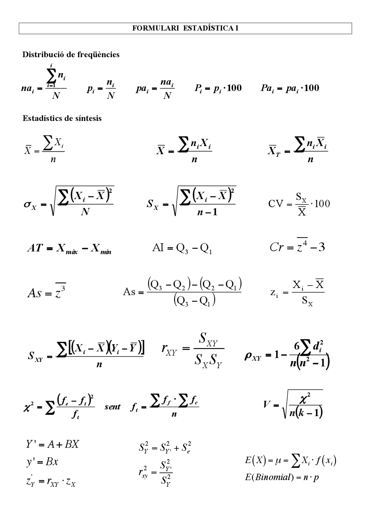 Formules de Estadística - Ejercicios de Estadística - Docsity