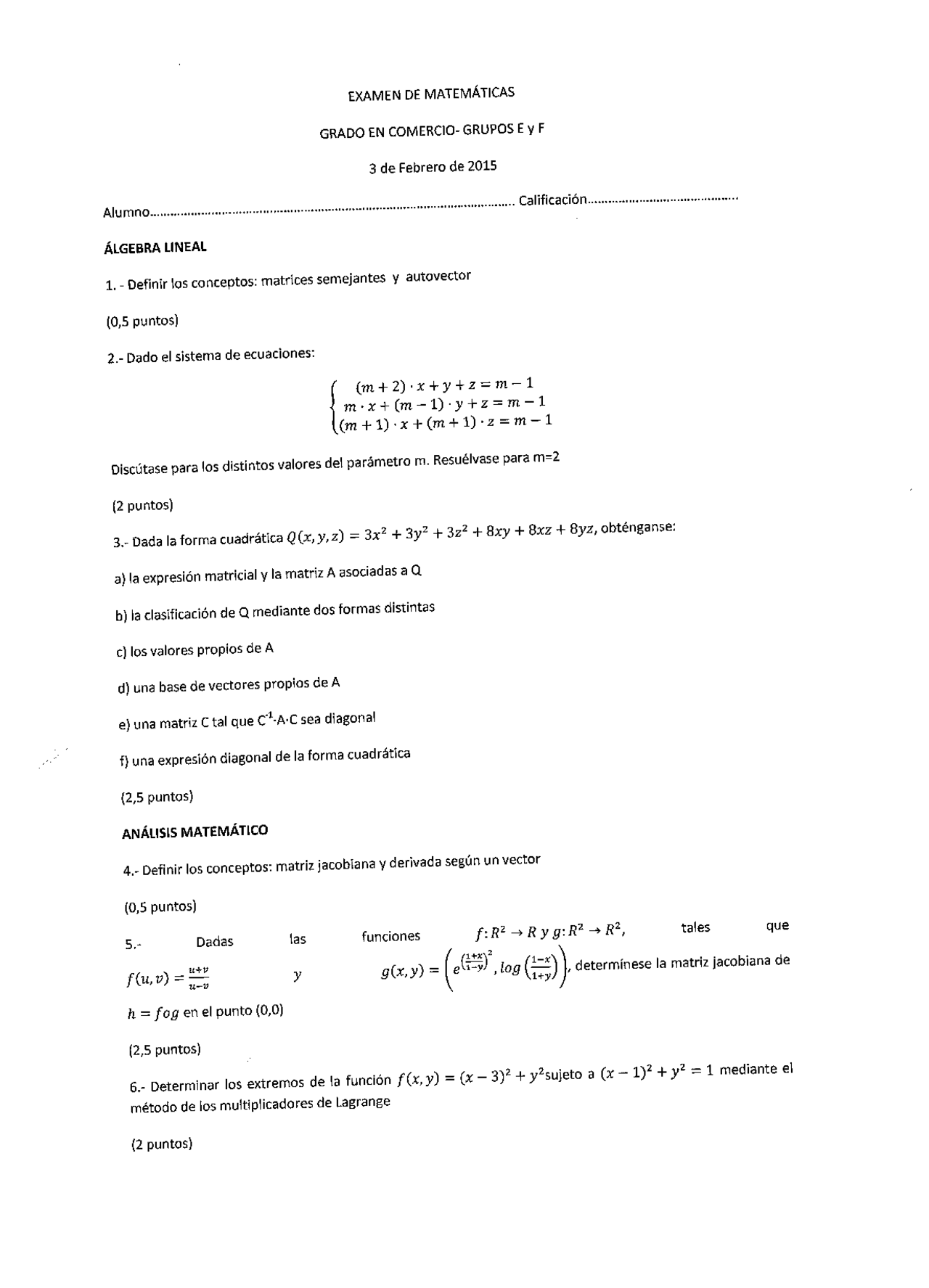 Examen matematicas - Exámenes de Matemáticas - Docsity