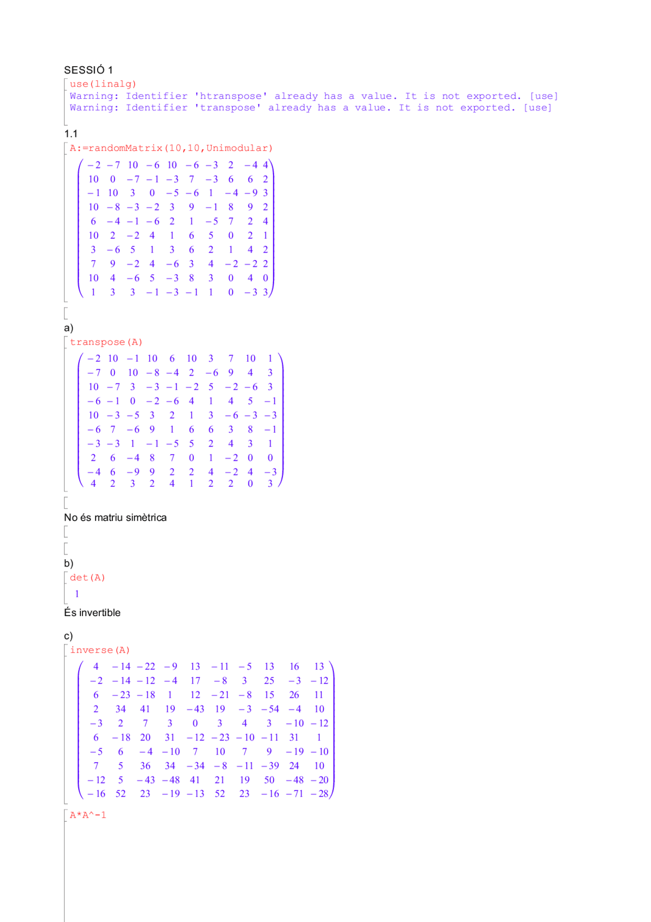 Apunts mupad matrius. - Apuntes de Matemáticas | Docsity