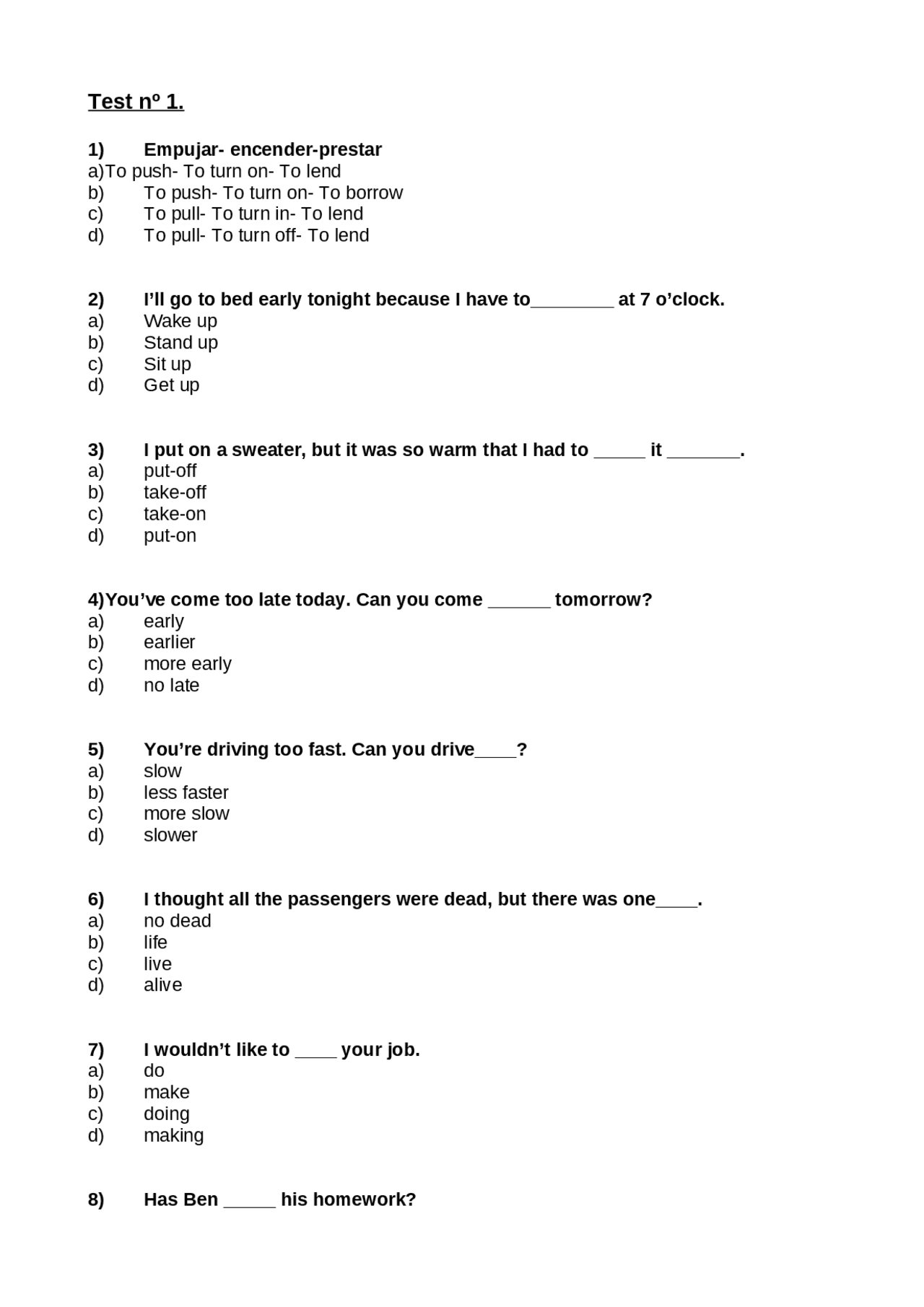 Test ingles - Exámenes de Idioma Inglés - Docsity