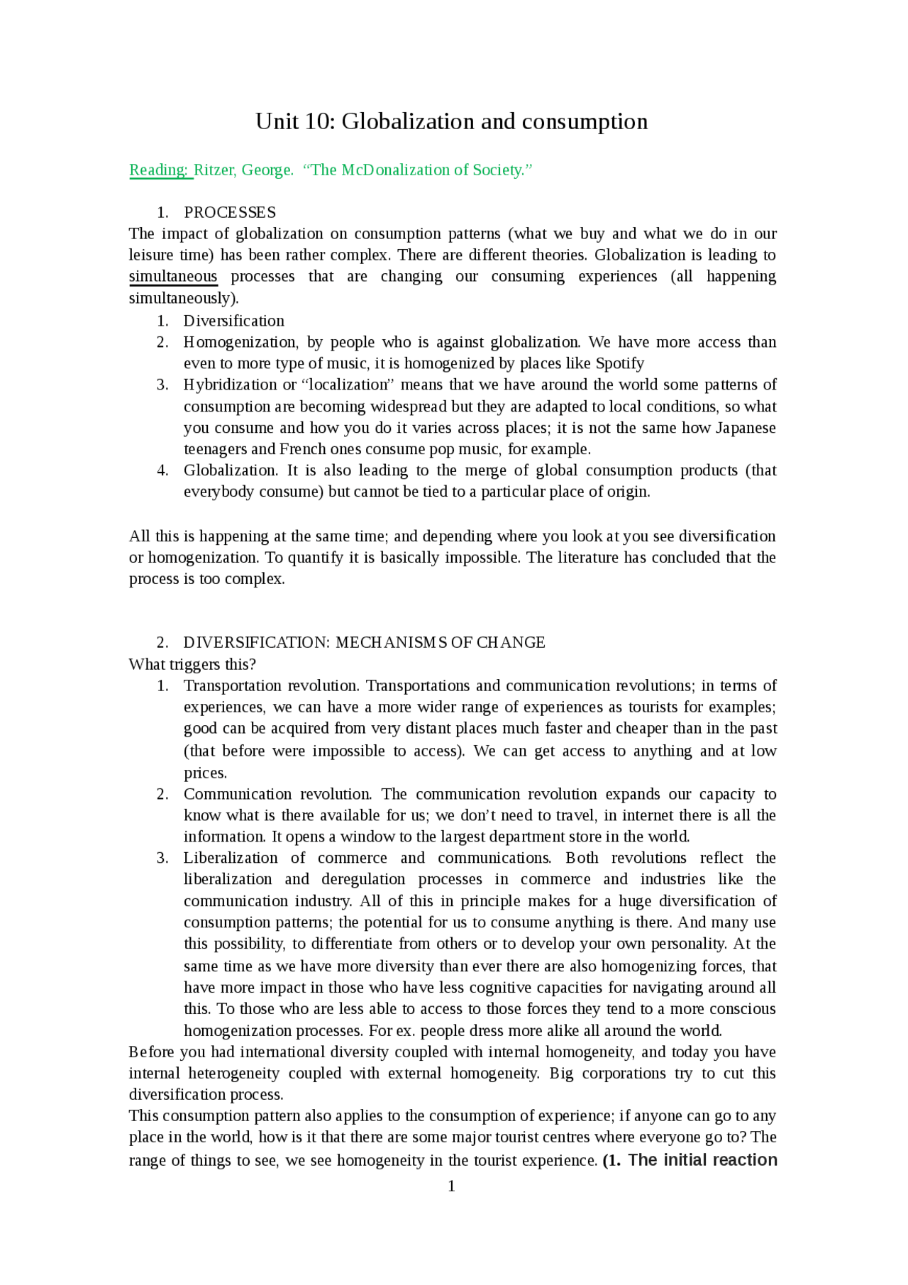 Unit 10: Globalization and consumption Reading: Ritzer, George. “The ...