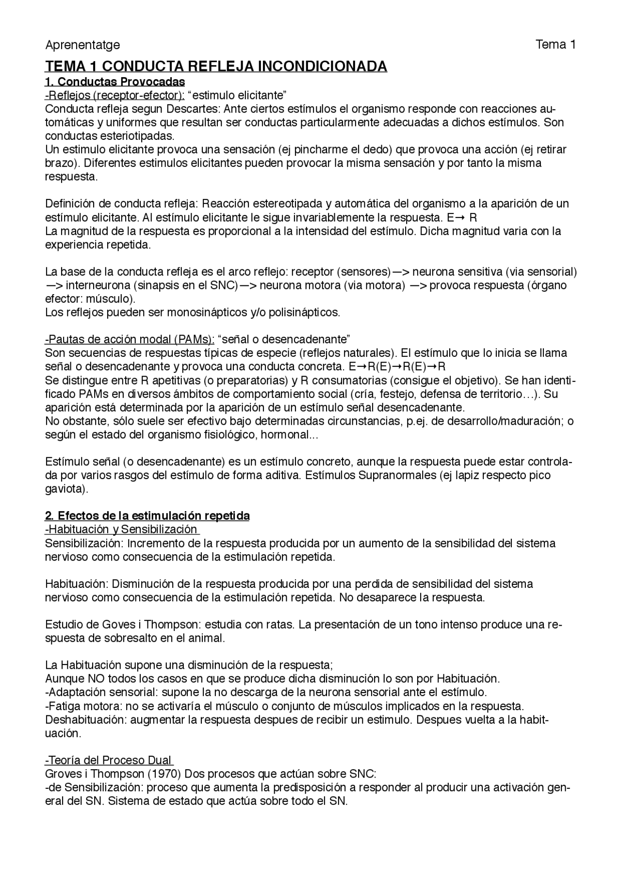 Conducta refleja incondicionada - Apuntes de Psicología - Docsity