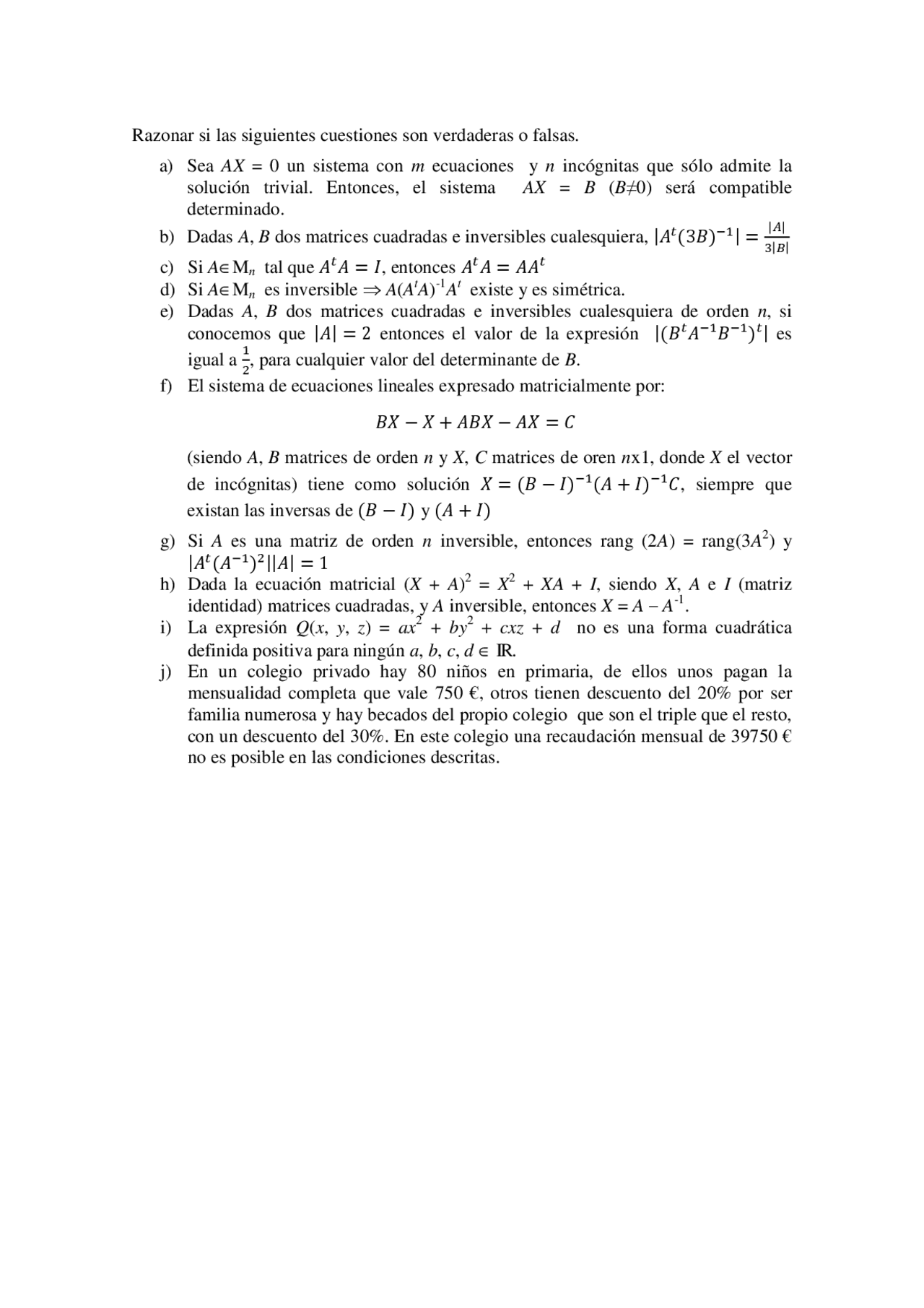 Ejemplos de repaso Matrices - Ejercicios de Matemáticas - Docsity
