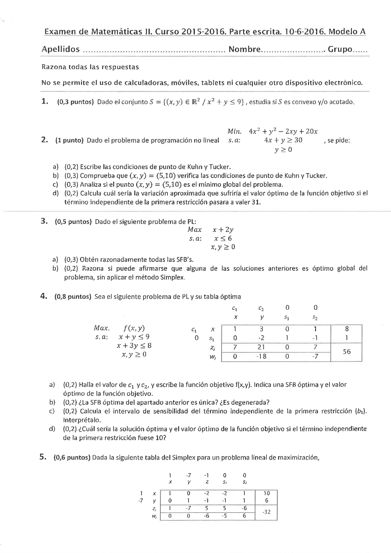 Examen matematicas 2016 - Exámenes de Matemáticas - Docsity