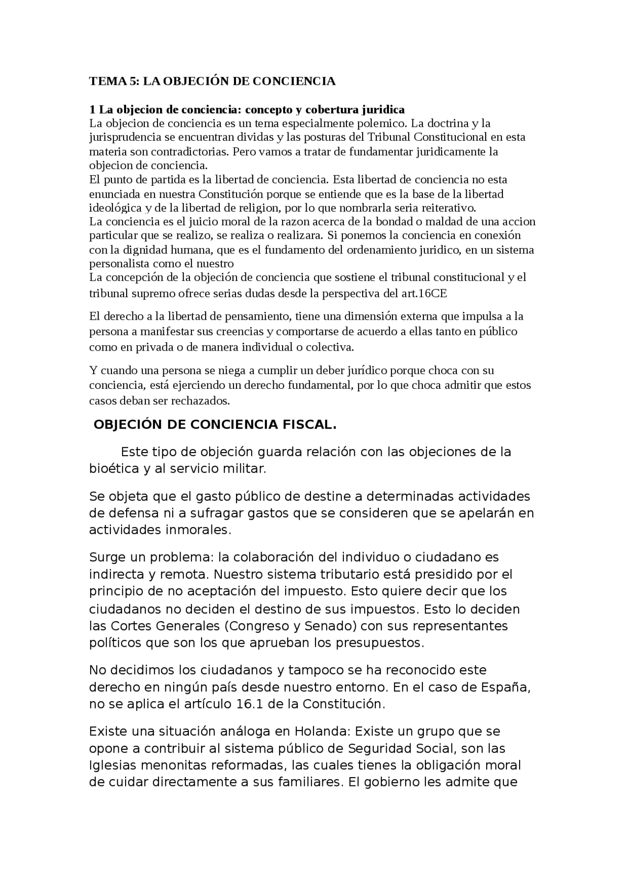 TEMA 5: LA OBJECIÓN DE CONCIENCIA1 La objecion de concien - Apuntes de ...