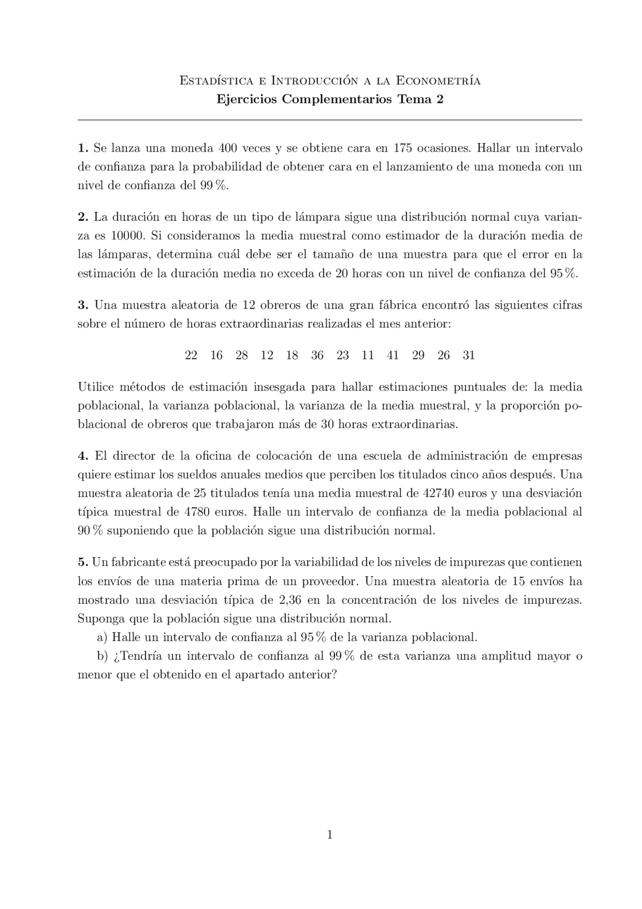 Ejercicios complementarios tema 2 - Ejercicios de Estadística | Docsity