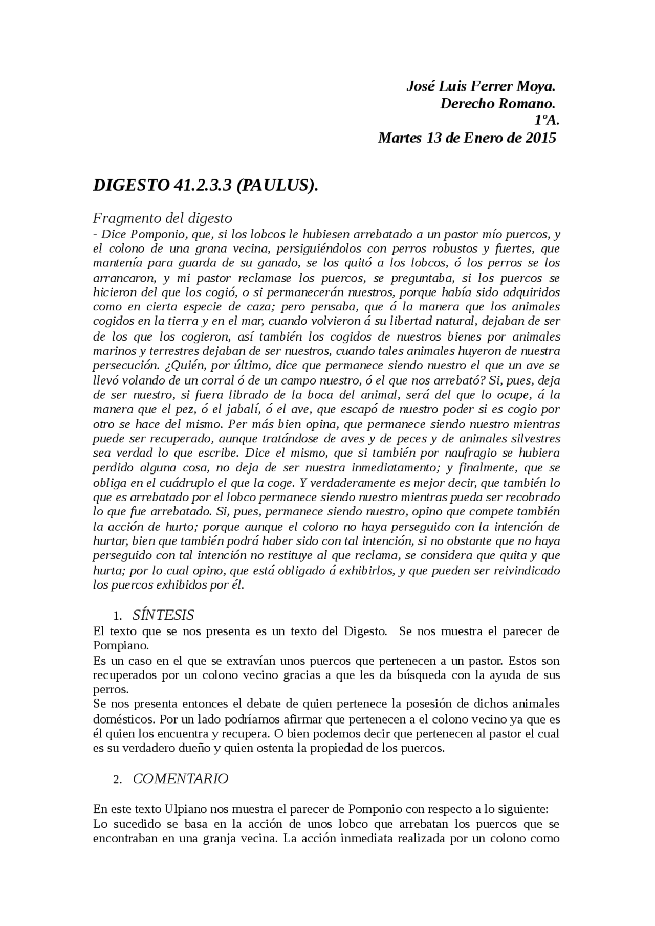 DIGESTO 41.2.3.3 (PAULUS Fragmento del digesto SÍNTESIS COMENTARIO ...