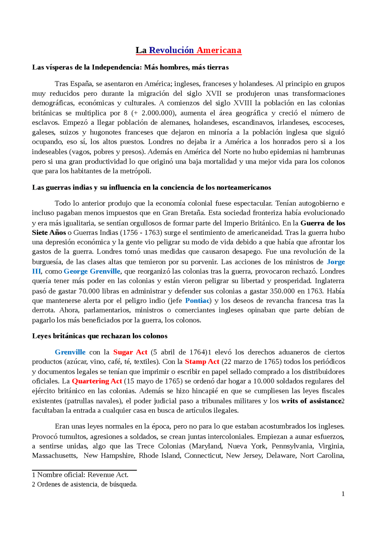 La Revolución Americana - Apuntes de Historia Moderna - Docsity