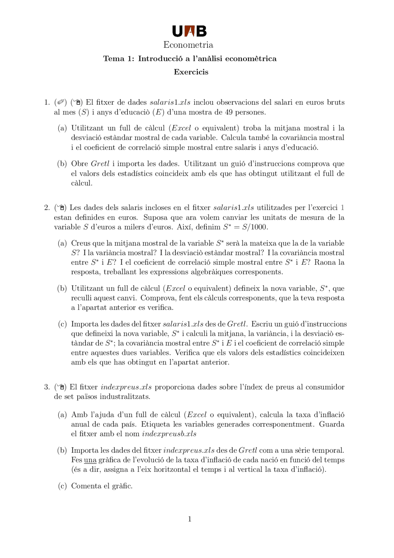 examen parcial y ejercicios tema 1 - Ejercicios de Econometría | Docsity