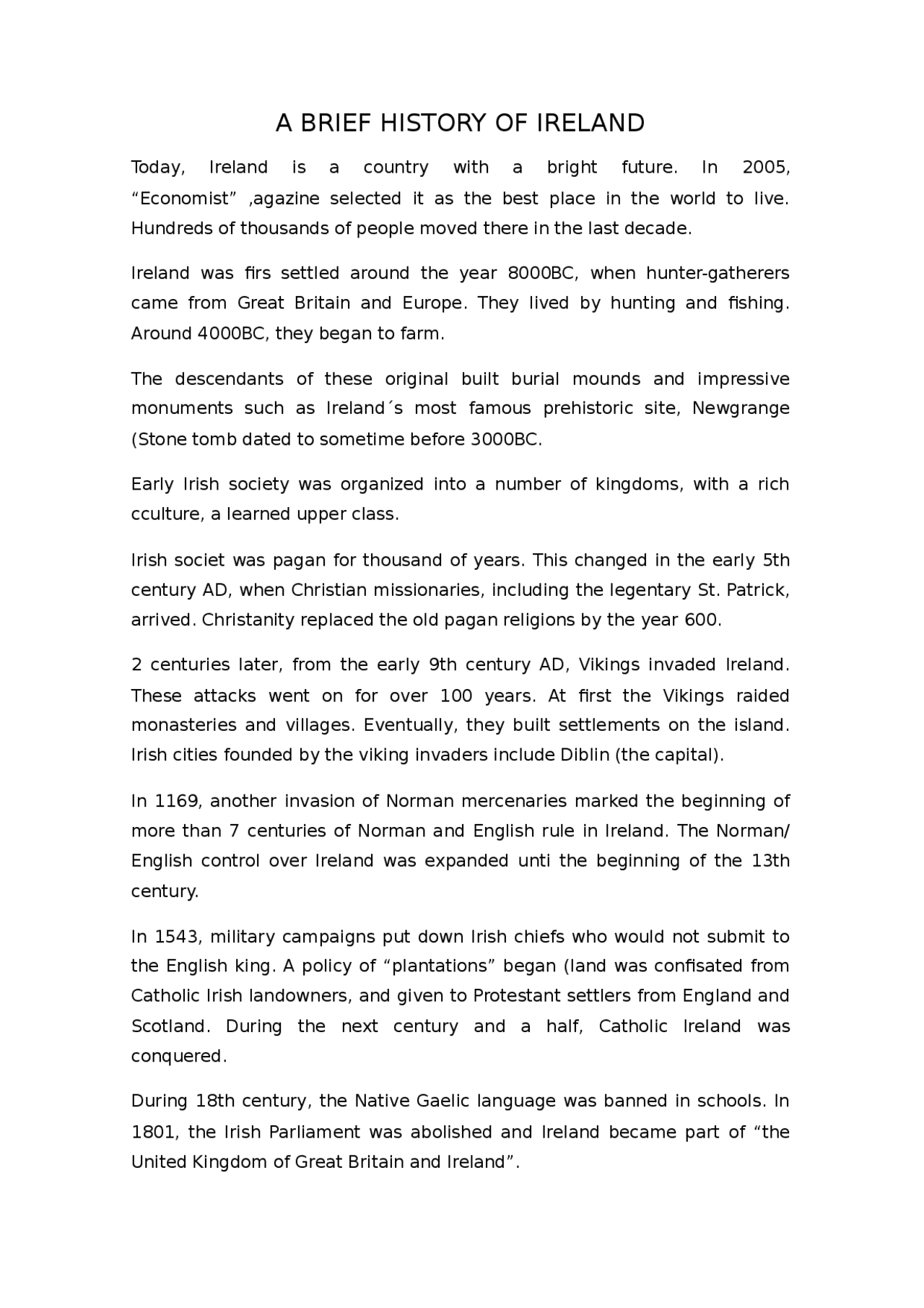 A brief history of ireland - Apuntes de Idioma Inglés - Docsity