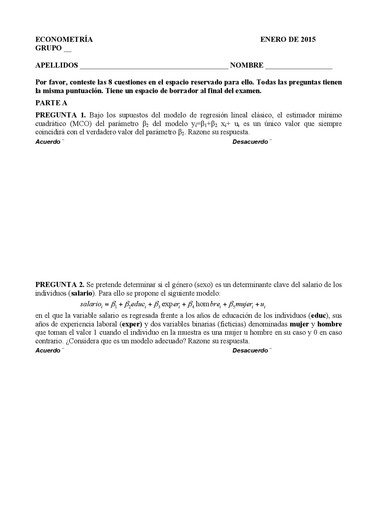 Econometria examen - Exámenes de Econometría - Docsity