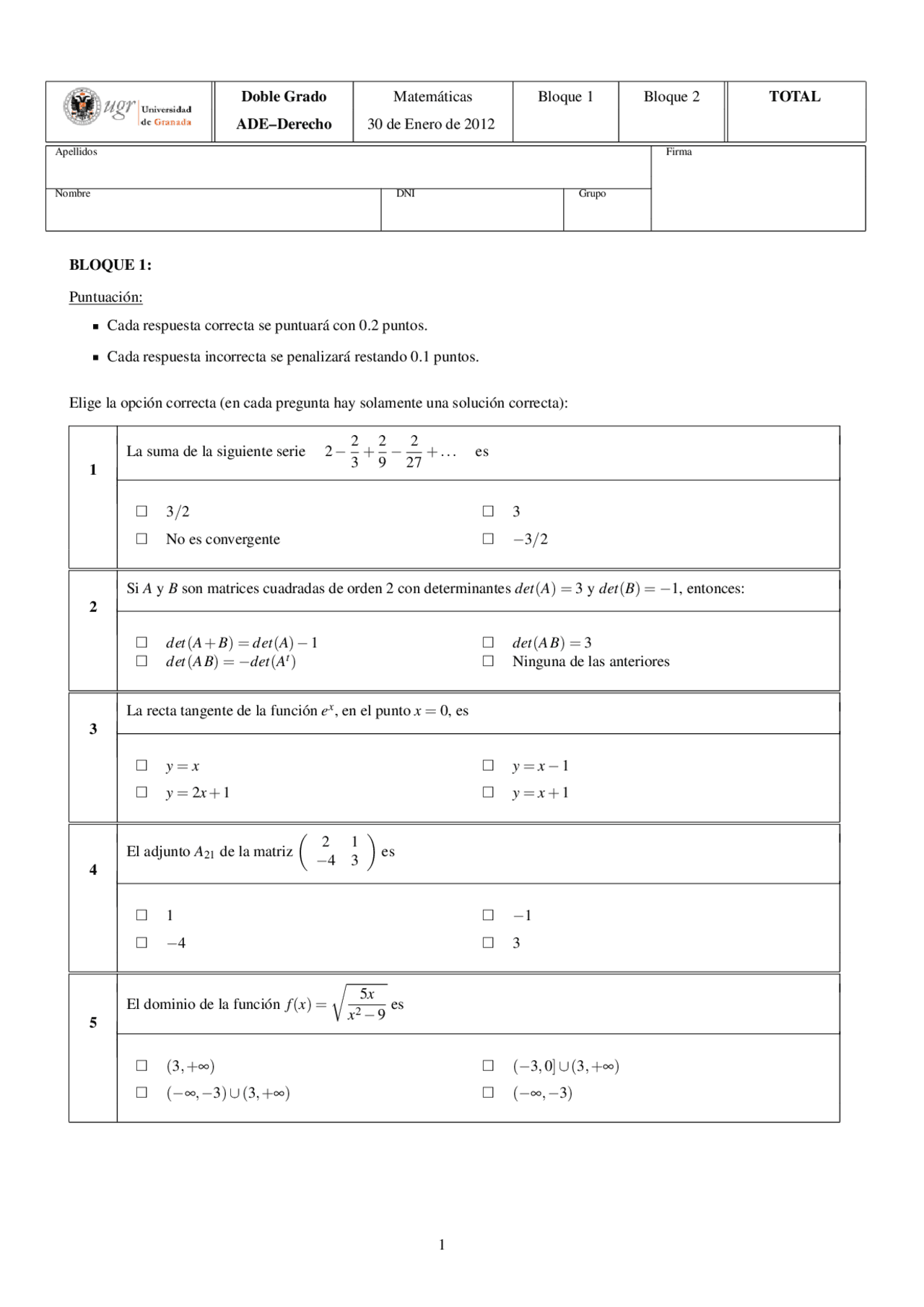Examen matematicas - Exámenes de Matemáticas - Docsity