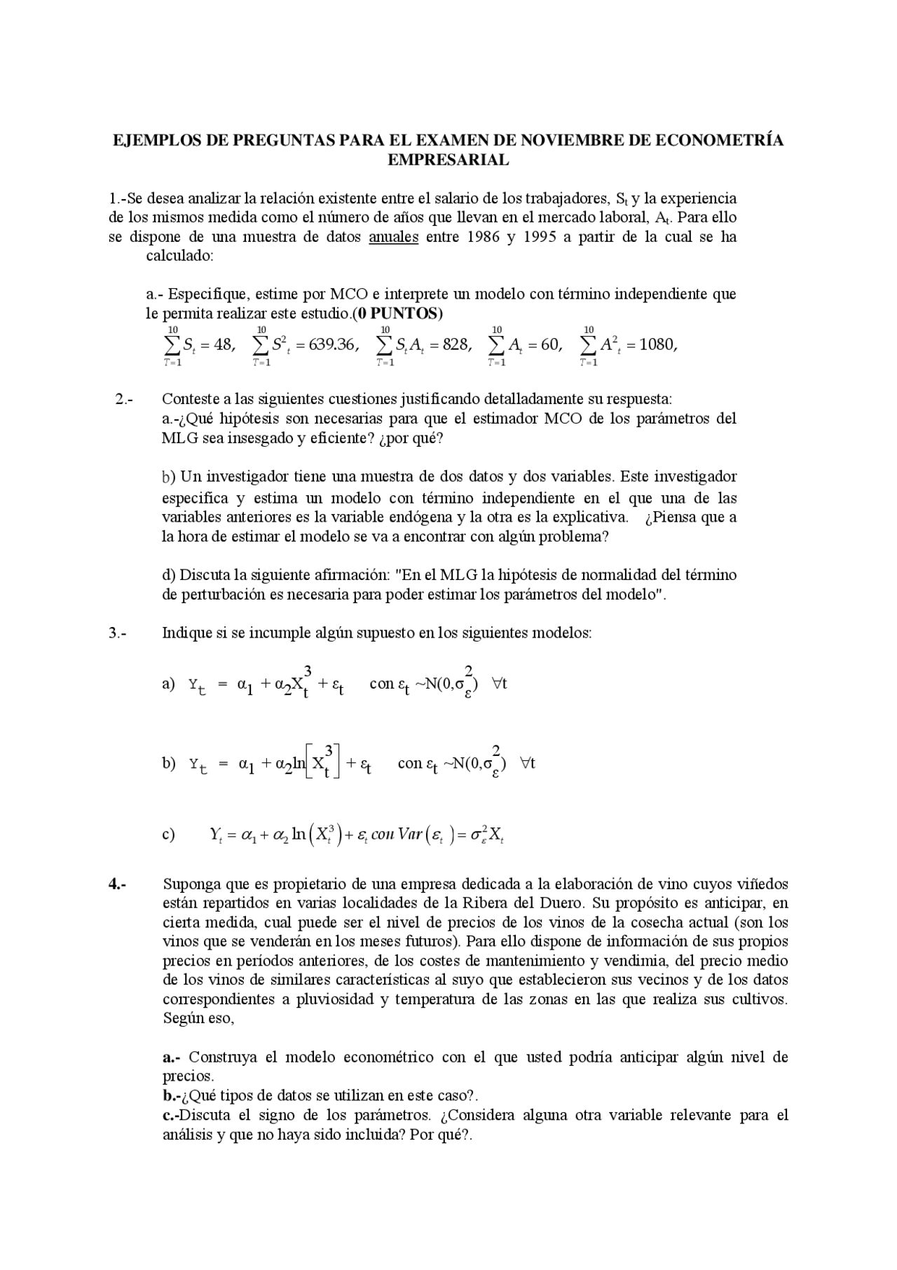 Econometria preguntas examen - Exámenes de Econometría - Docsity