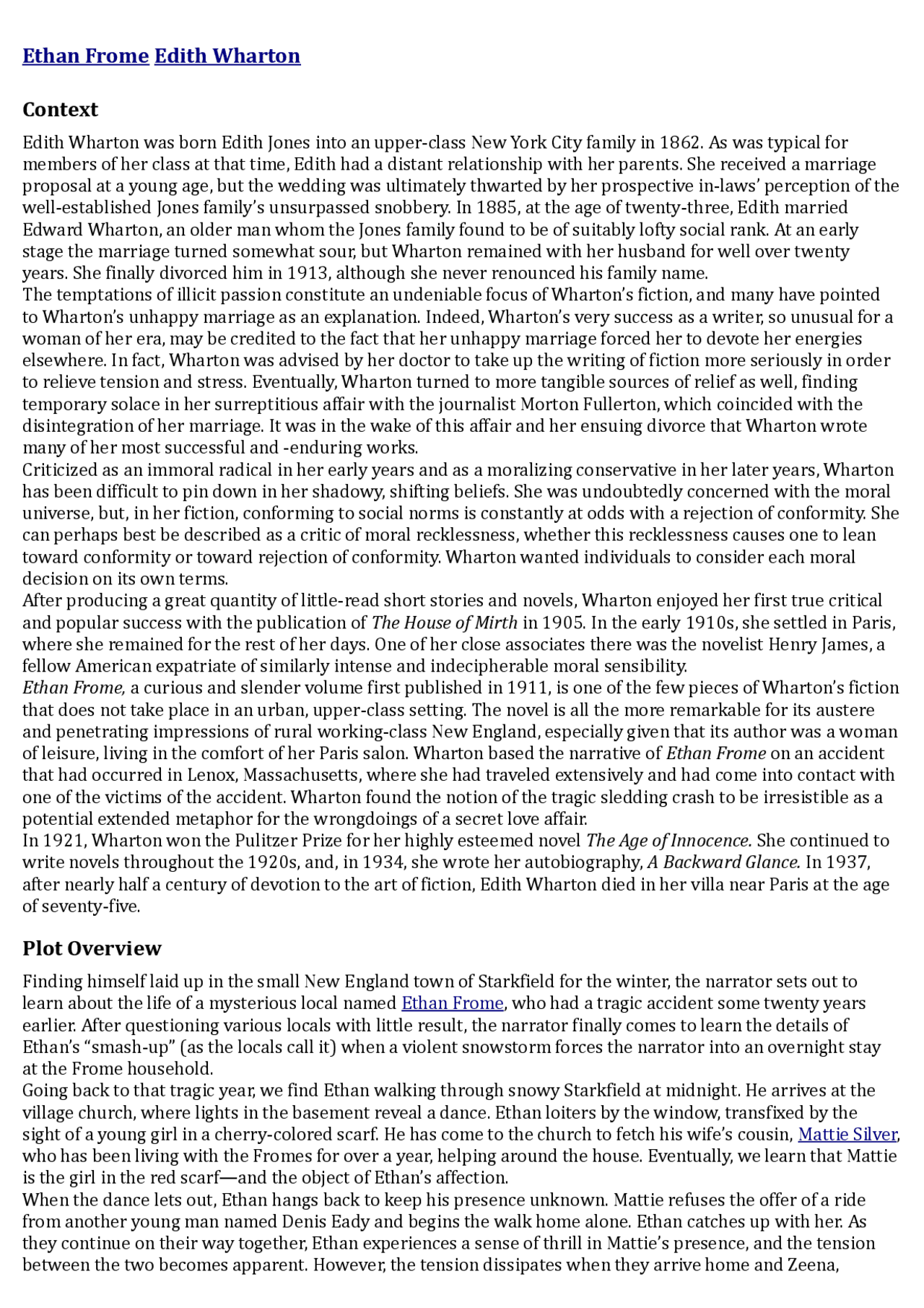 ETHAN FROME STUDY NOTES - Apuntes de Literatura Americana - Docsity