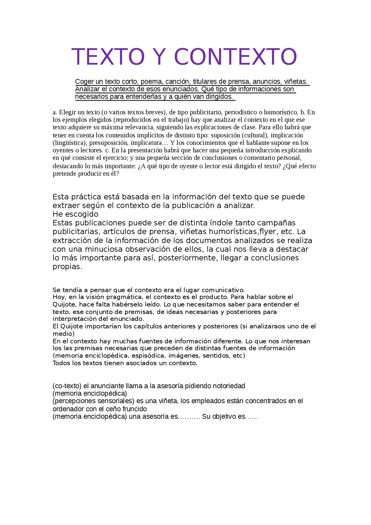 TEXTO Y CONTEXTO Coger un texto corto, poema, canción, titulares de ...