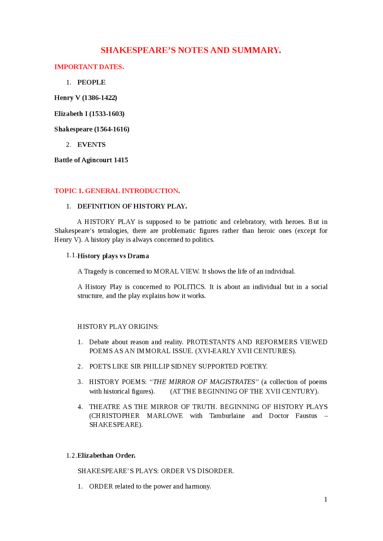 SHAKESPEARE\'S NOTES AND SUMMARY - Apuntes de Teatro - Docsity
