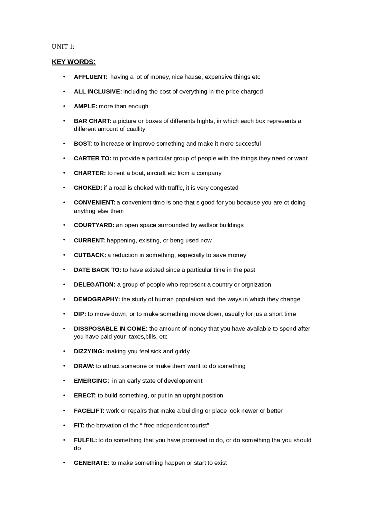 Unit 1 key words - Apuntes de Turismo - Docsity