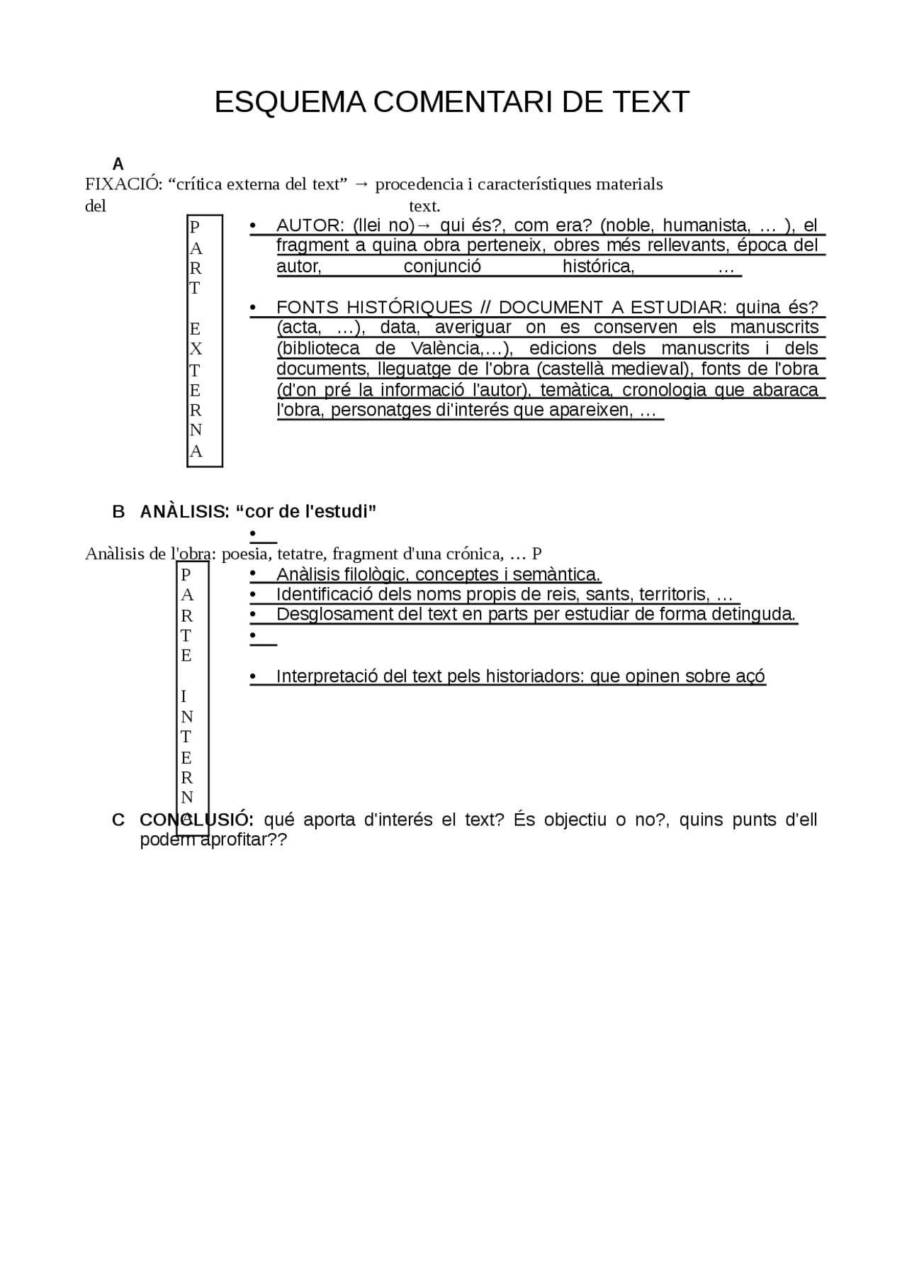 Esquema comentari de text - Esquemas y mapas conceptuales de Historia - Docsity