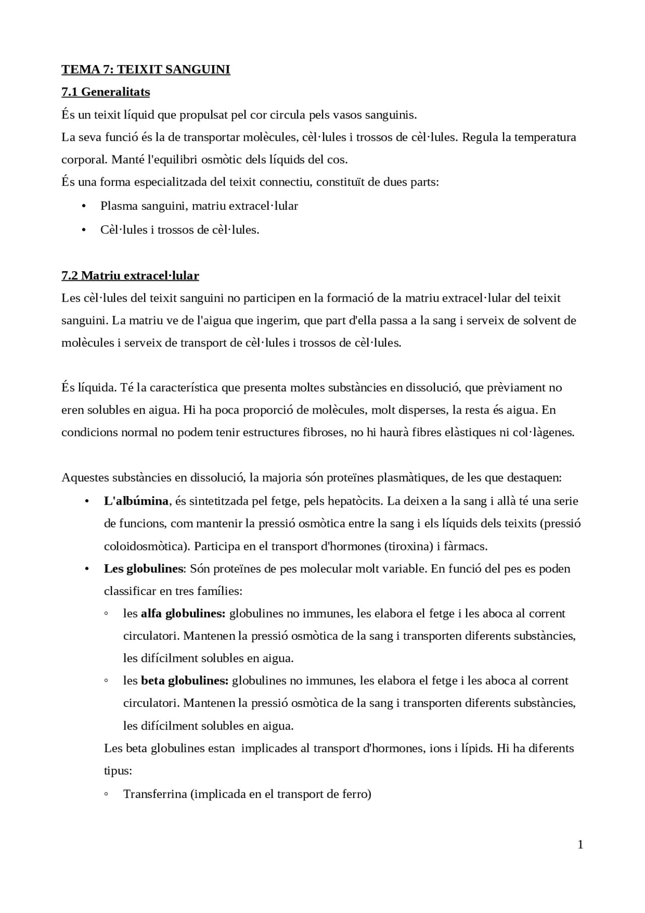 TEIXIT SANGUINI7.1 Generalitats És un teixit líquid - Apuntes de ...