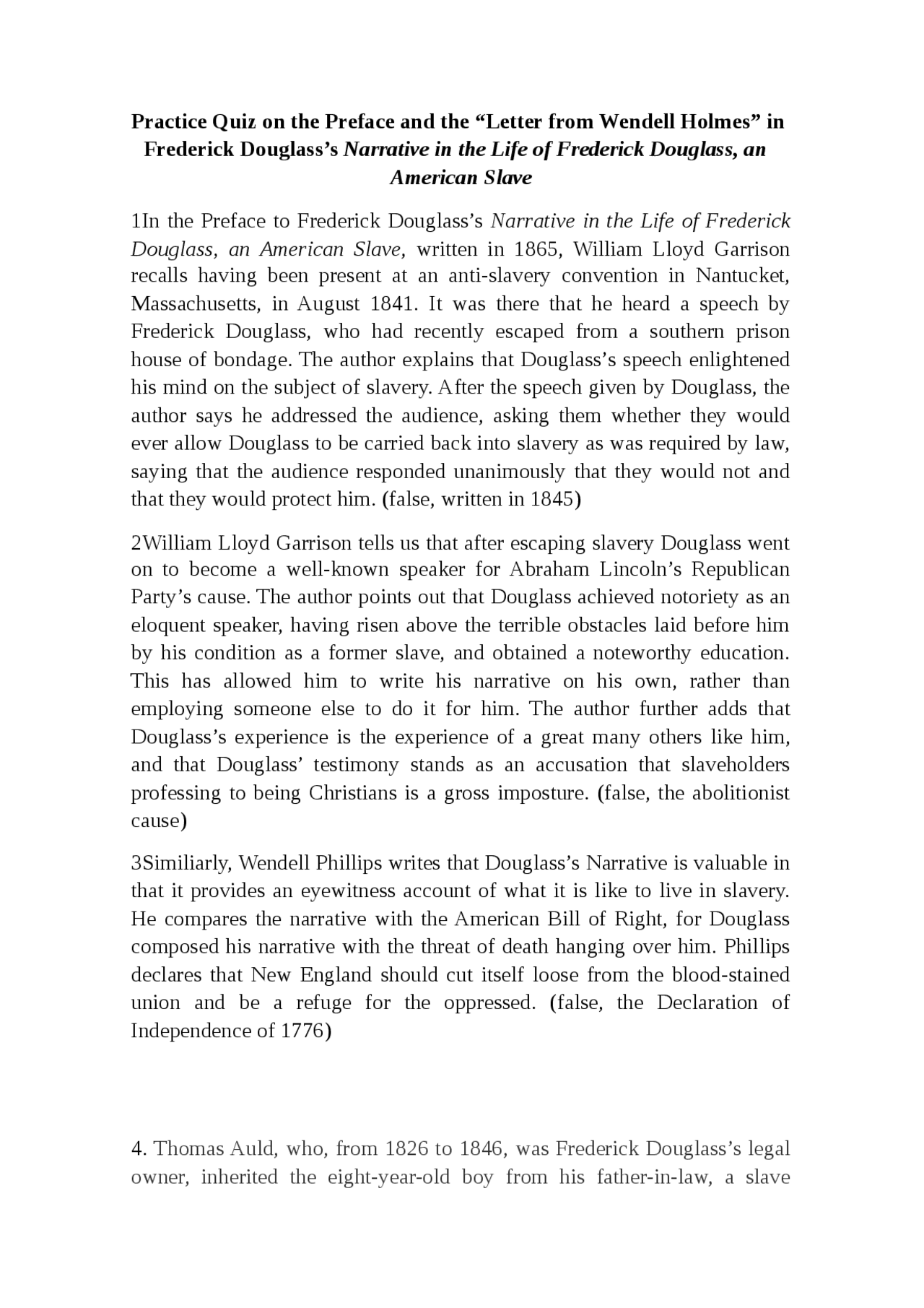 Quiz Frederick Douglass Answer - Apuntes de Literatura Americana - Docsity