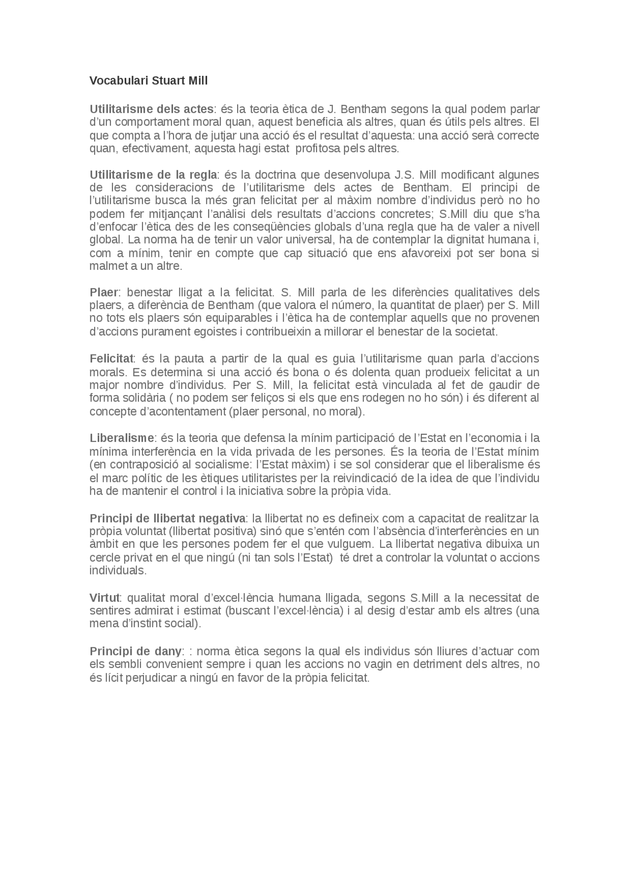 Vocabulari Stuart Mill - Exámenes selectividad de Sociología y ética - Docsity