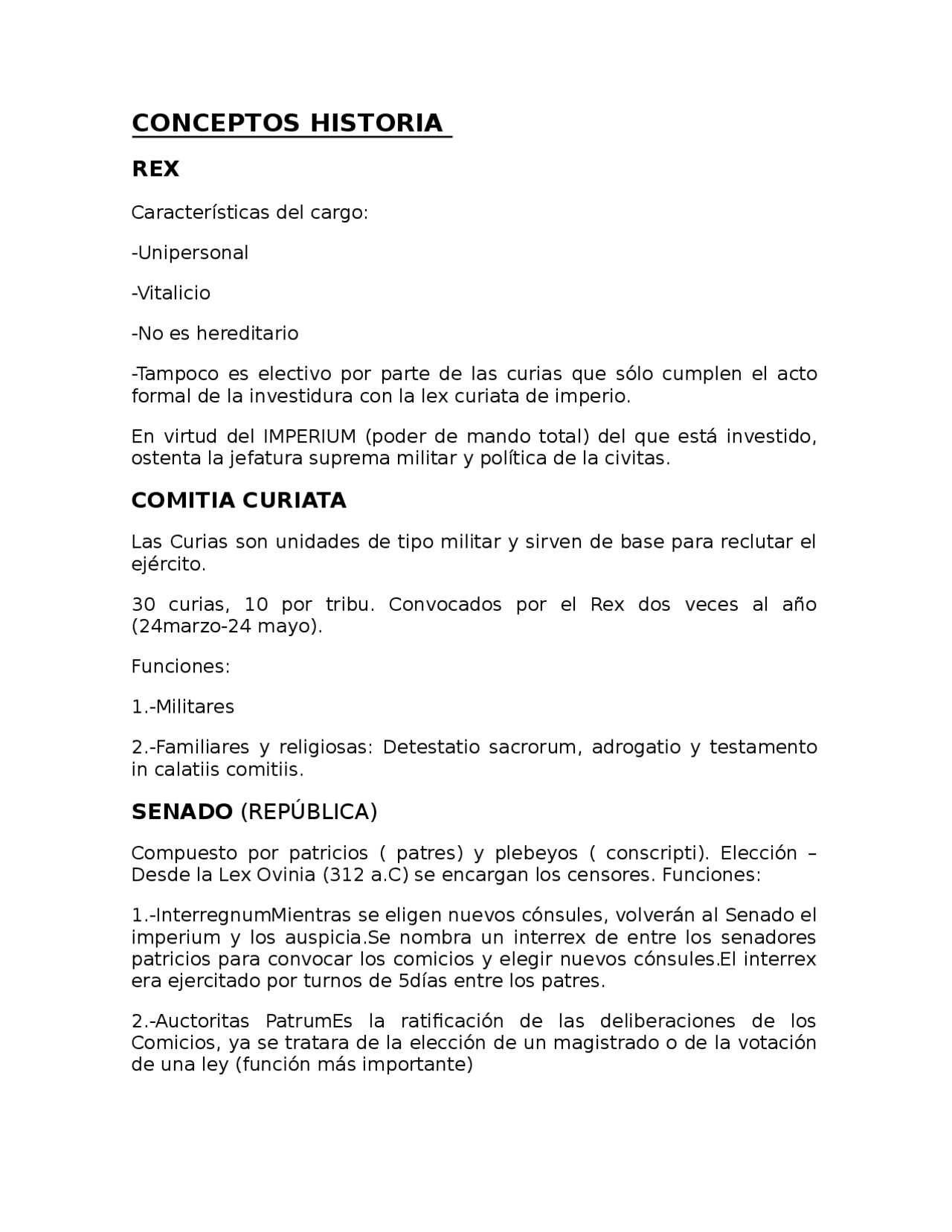 CONCEPTOS HISTORIA REX COMITIA CURIATA SENADO (REPÚBLICA COM - Apuntes ...
