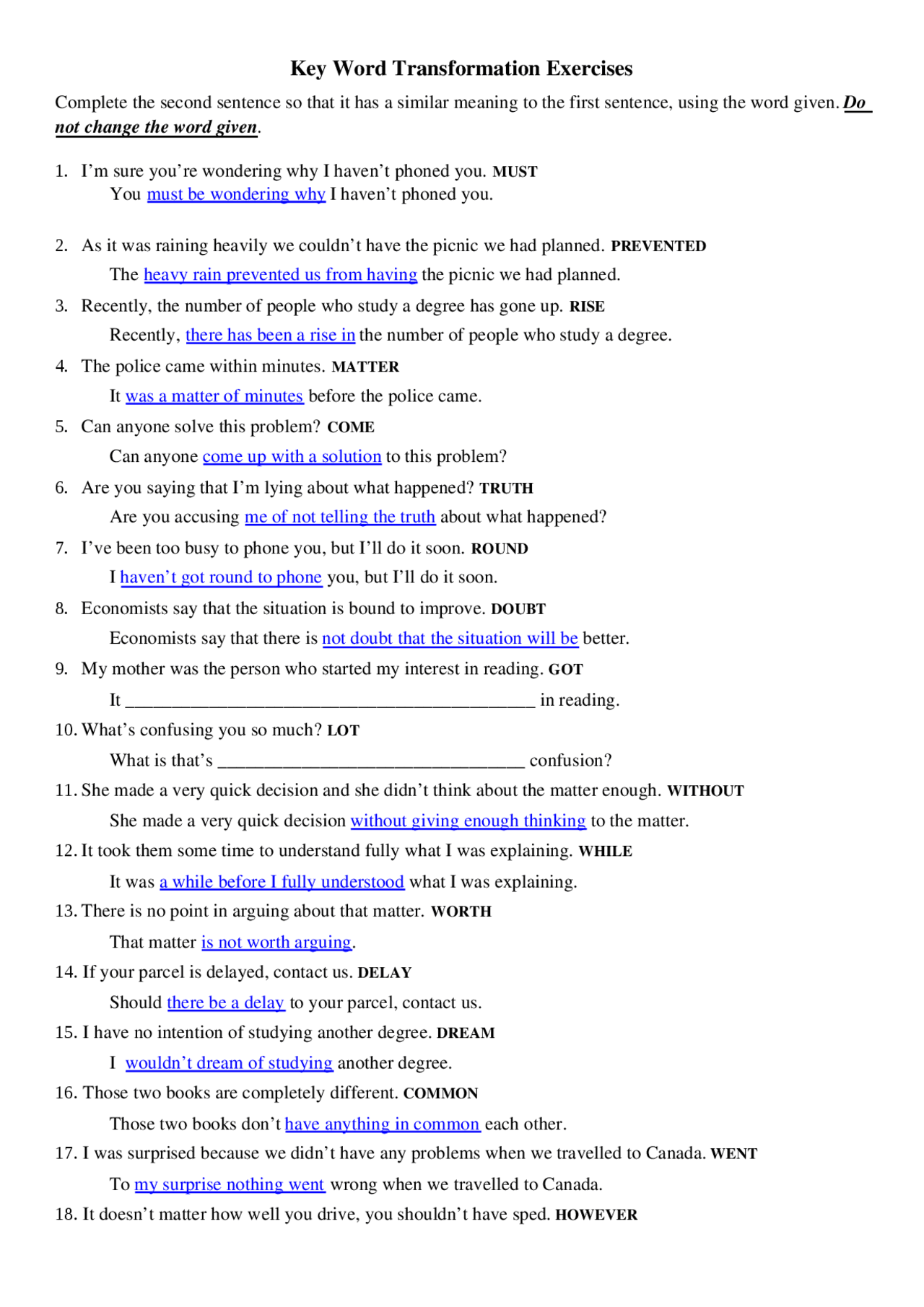 Key Word Transformation Done - Apuntes de Idioma Inglés - Docsity