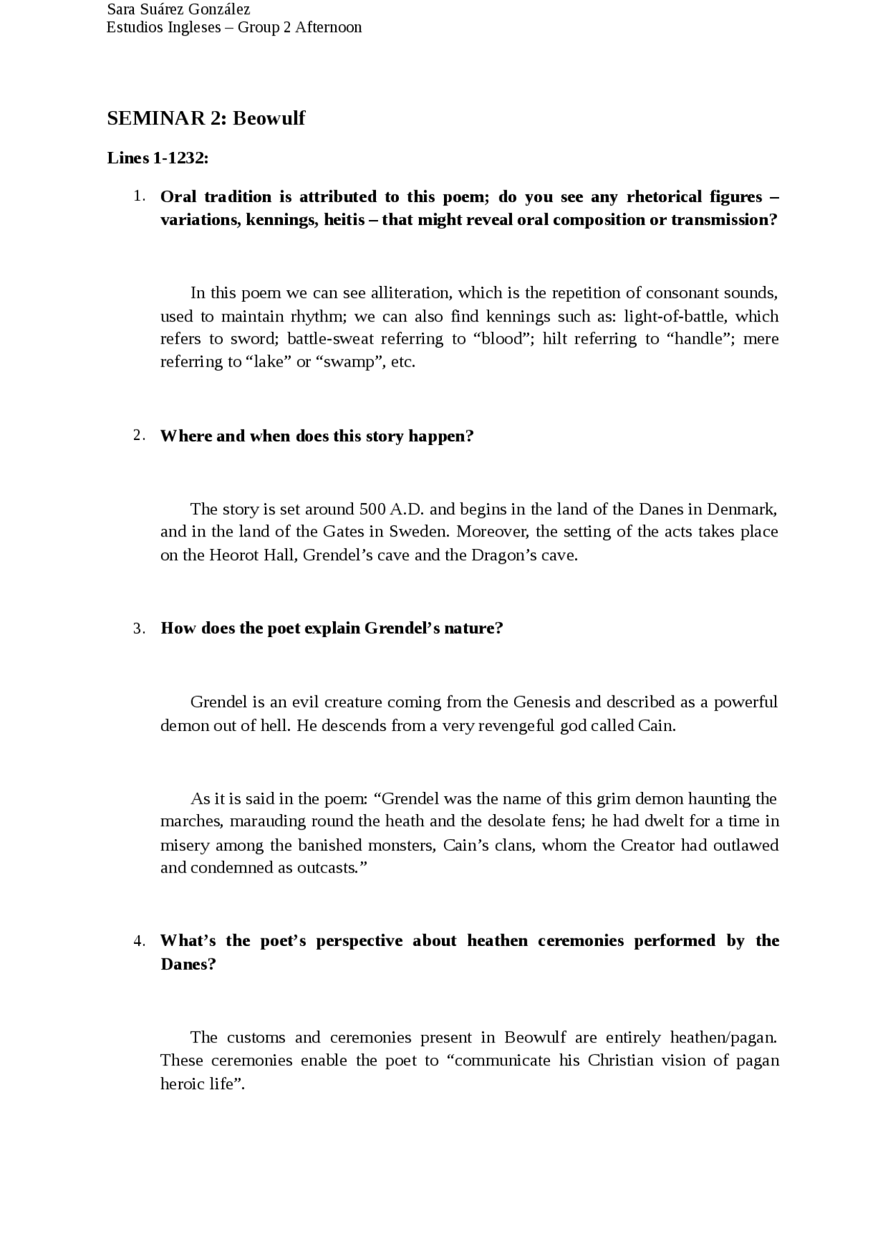 SEMINAR 2: Beowulf Lines 1-1232 Oral tradition is attributed to this ...