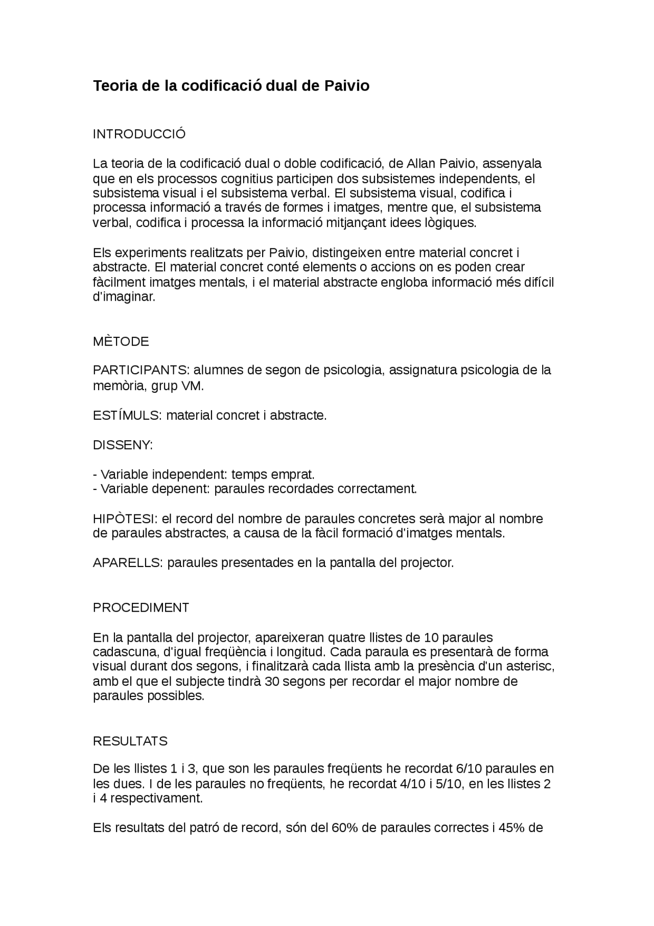 Practica de codificacion dual - Ejercicios de Psicología - Docsity