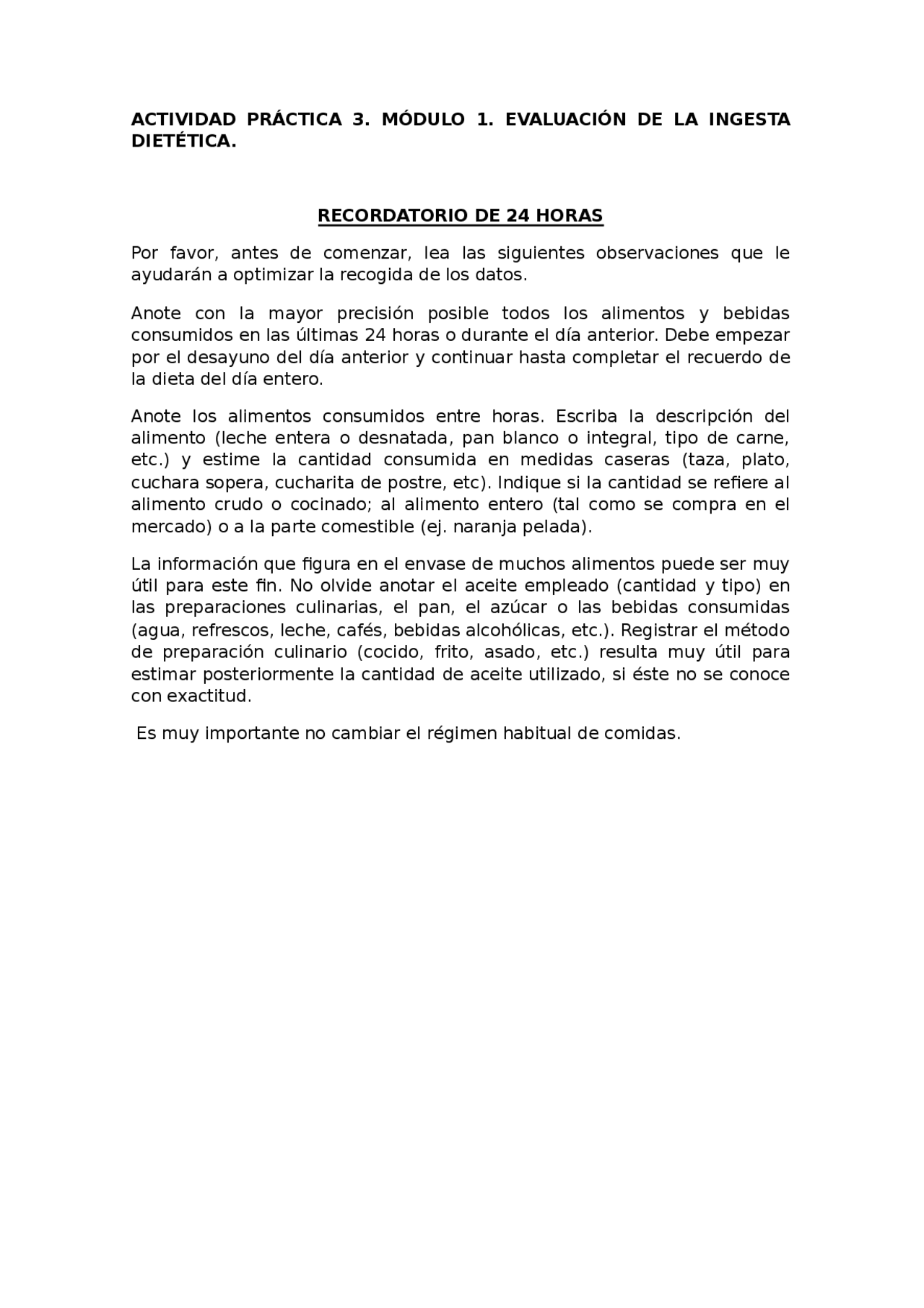 Recordatorio nutricional 24H - Apuntes de Nutrición - Docsity